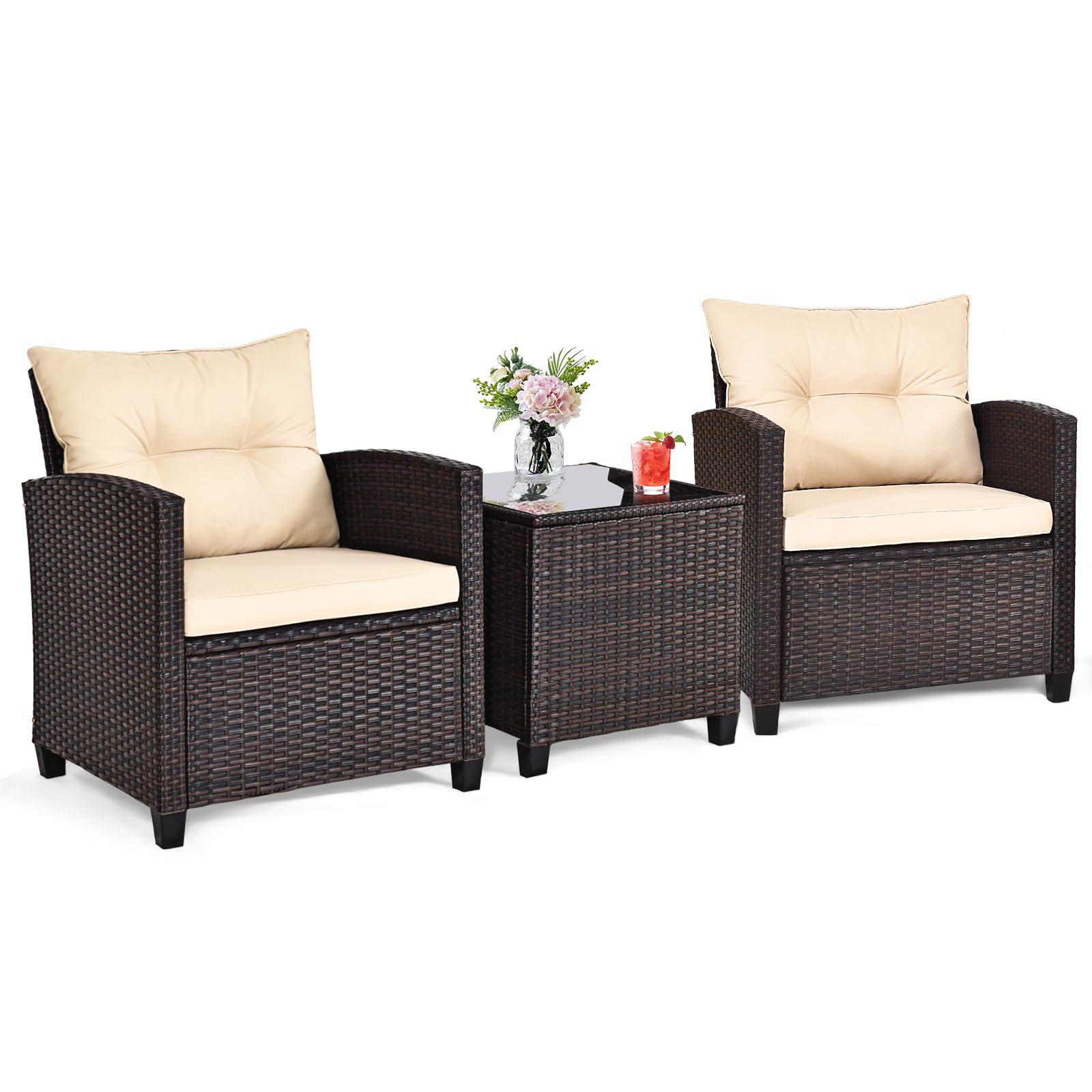 S AFSTAR 3 Pieces Patio Furniture Set, Outdoor Wicker Conversation Set Rattan Chairs with Soft Cushions, Glass Coffee Table, Bistro Set for Front Porch Balcony Garden Deck Poolside, Beige