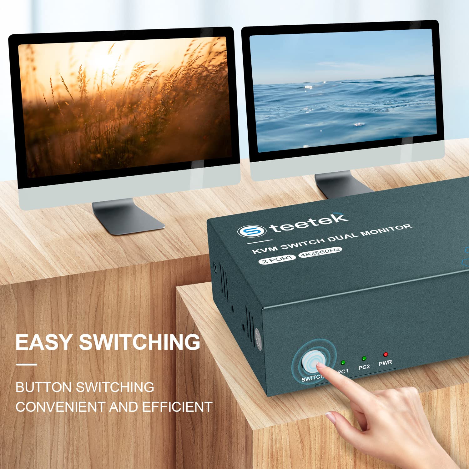 Steetek USB 2.0 Kvm Switch Dual Monitor HDMI 2 Port, Kvm Switch 4K@60Hz 2 Computers Share 2 Monitors and 1 Set Keyboard Mouse, HDMI Kvm Switch Dual Display, Button Switch with 2 USB and 4 HDMI Cable