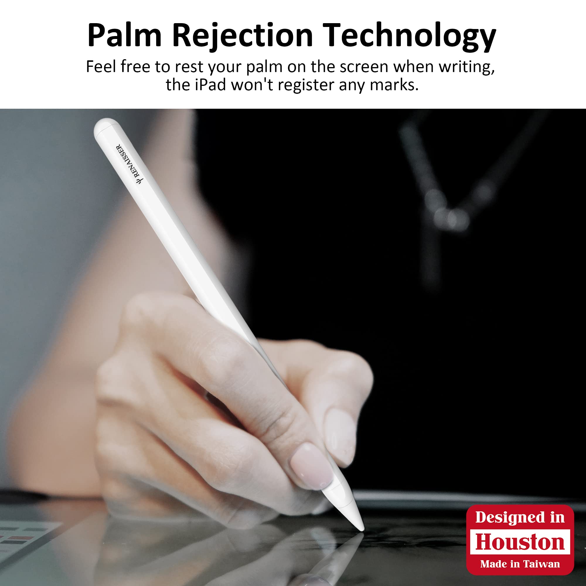 RENAISSER Monet 520 Stylus Pen for iPad, Designed in Houston, Made in Taiwan, Support Palm Rejection, USB-C Fast Charging, Built-in Magnets