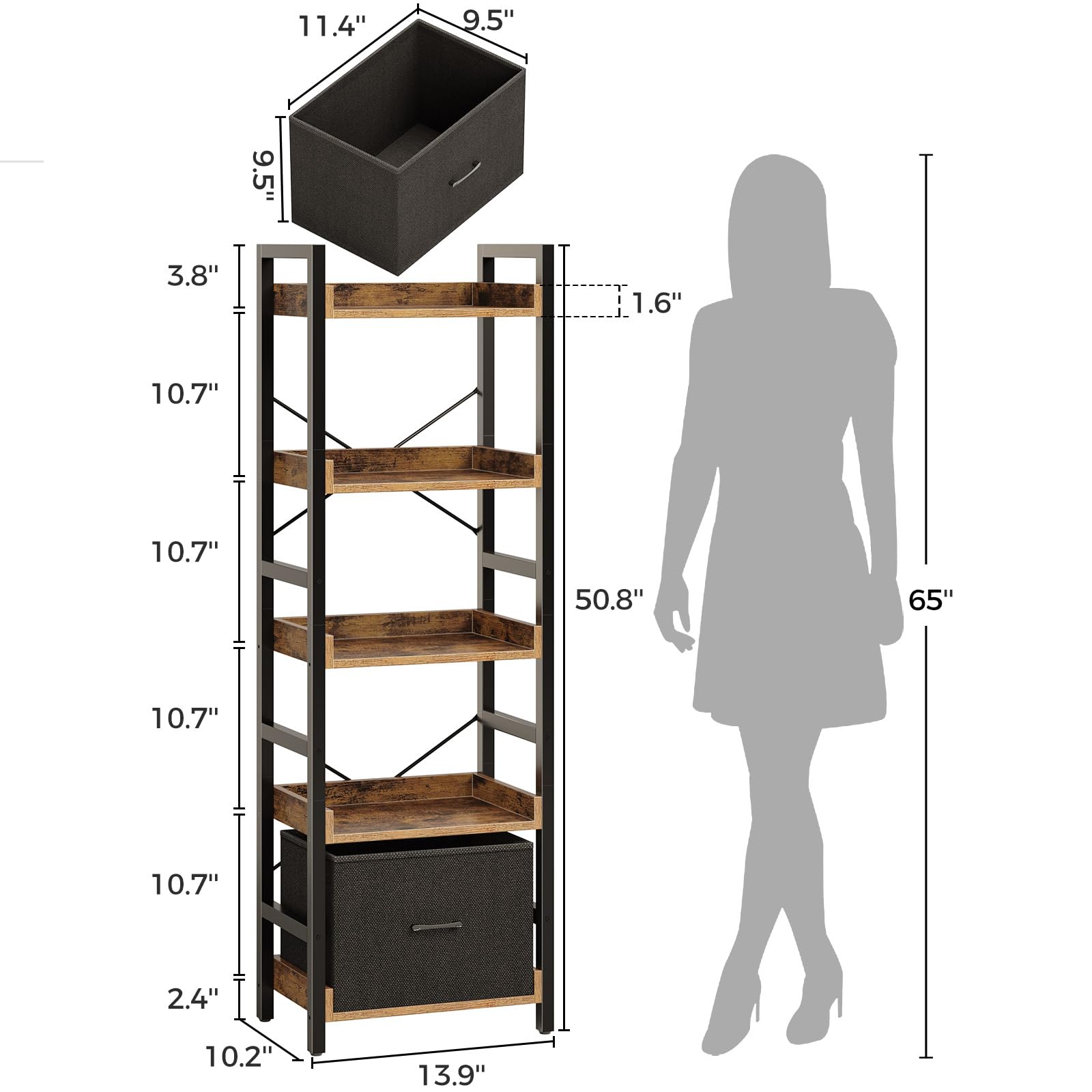 Rolanstar Bookshelf 5 Tier with Removable Drawer, Tall Narrow Bookcase, Industrial Wooden Display Shelves for Bedroom, Living Room, Office, Kitchen, Rustic Brown