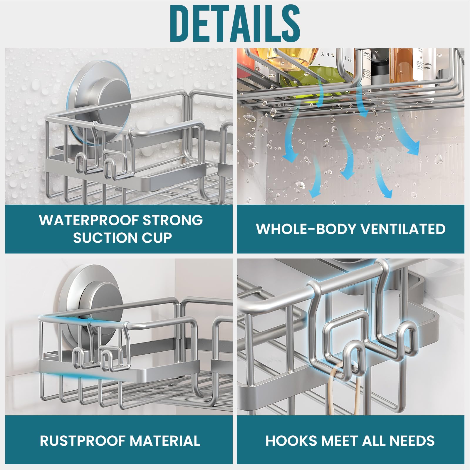 TAILI Heavy Duty Suction Cup Shower Caddy 2 Pack, Removable Rustproof Stainless Steel Shower Rack, Drill-Free Shower Shelf with Hooks, Wall Mounted Basket Organizer for Bathroom, Grey