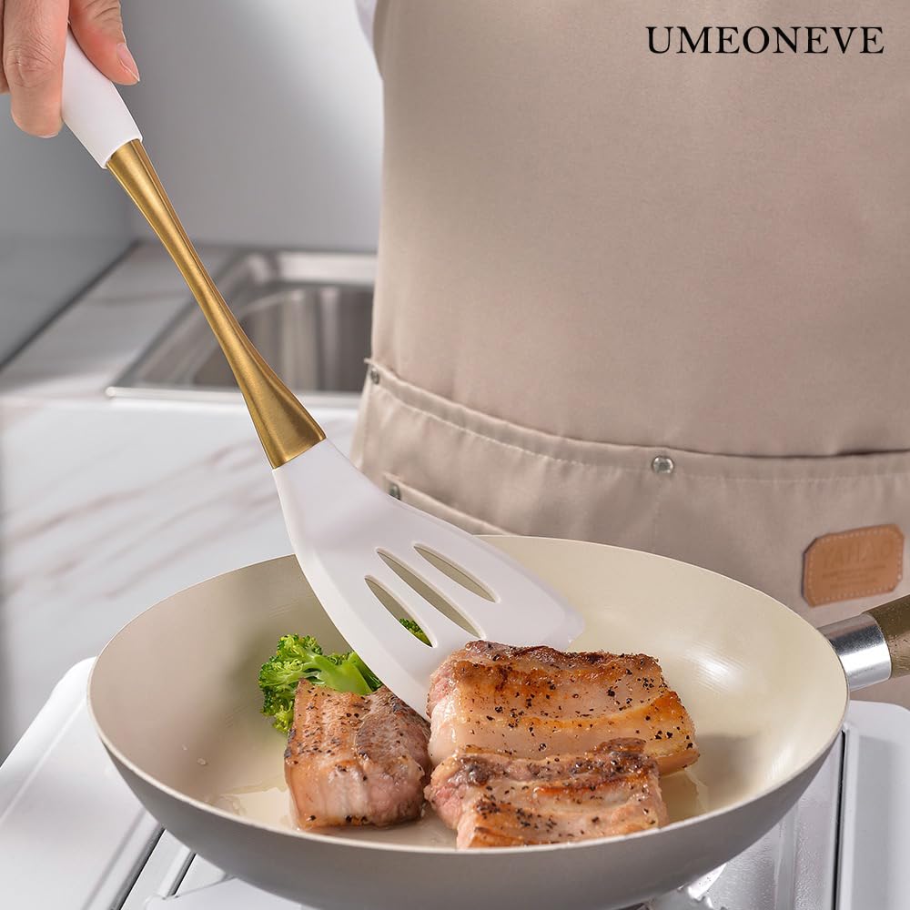 UMEONEVE White And Gold Silicone Cookware Set, 9-Piece, Universal Kitchen Utensils,gold with white kitchen utensils,Silicone Spatula Cooking Spoons for Nonstick Cookware Golden Stainless steel Handle