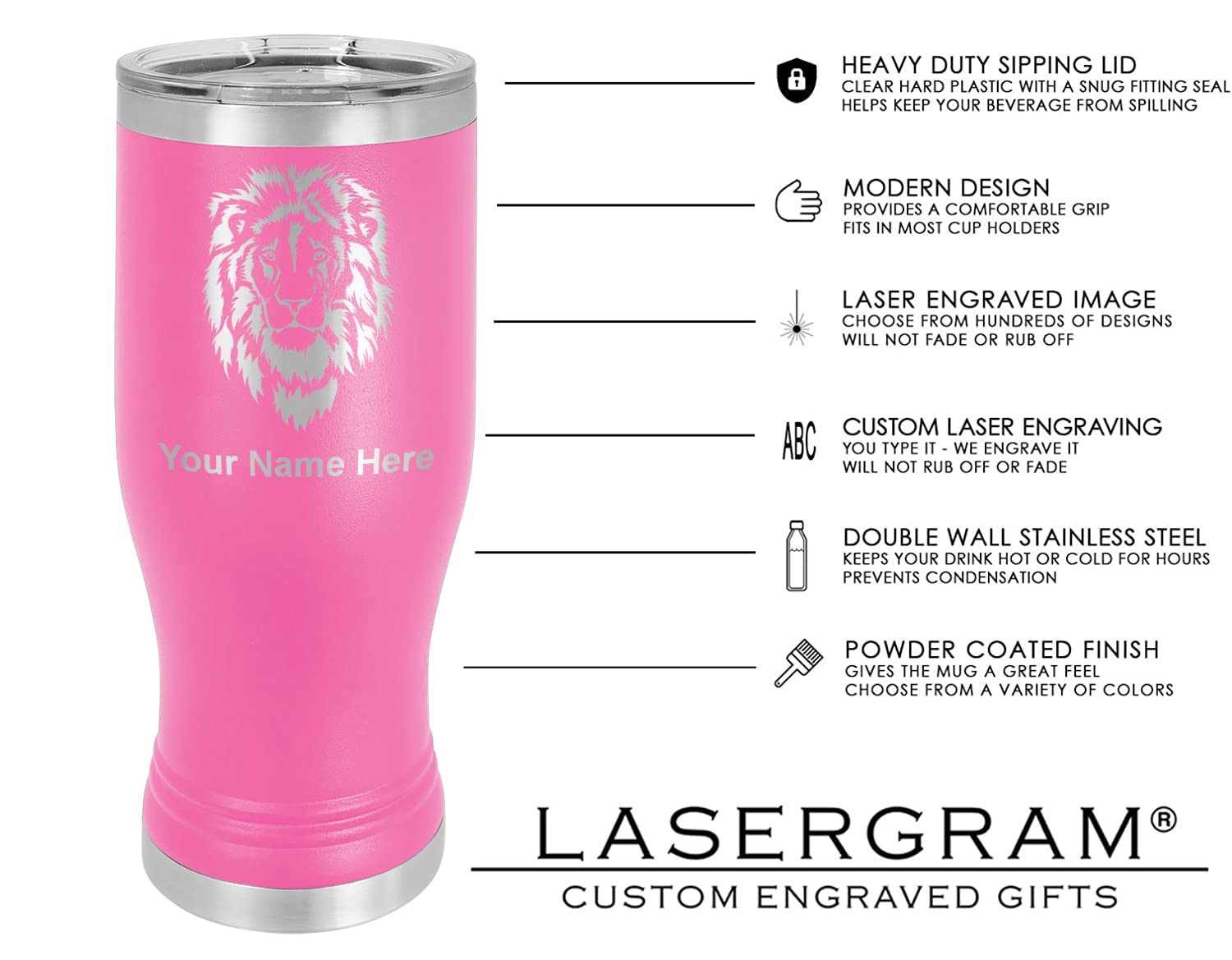 LaserGram 14oz Vacuum Insulated Pilsner Mug, Flag of Puerto Rico, Personalized Engraving Included (Pink)