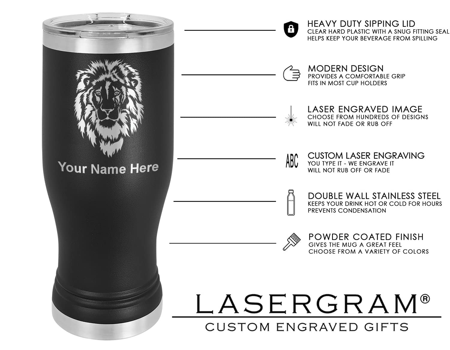 LaserGram 14oz Vacuum Insulated Pilsner Mug, Hecho en Michoacan, Personalized Engraving Included (Black)