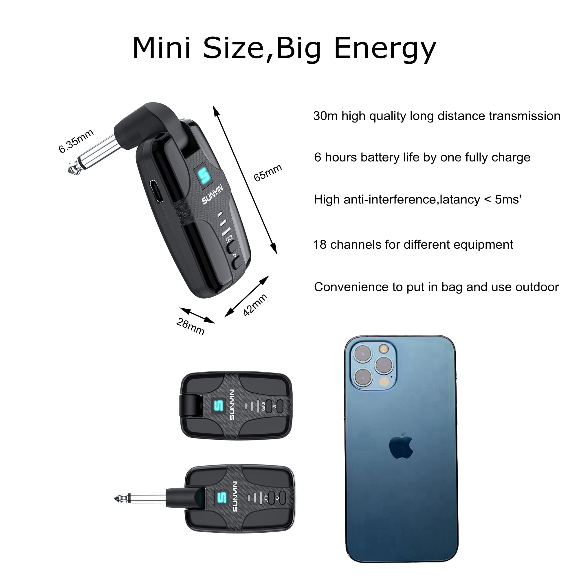 Portable Electric Guitar Amp Wireless Guitar System 5W Mini Practice Guitar Amp 2.4GHz Guitar Transmitter Receiver Built-in Rechargeable