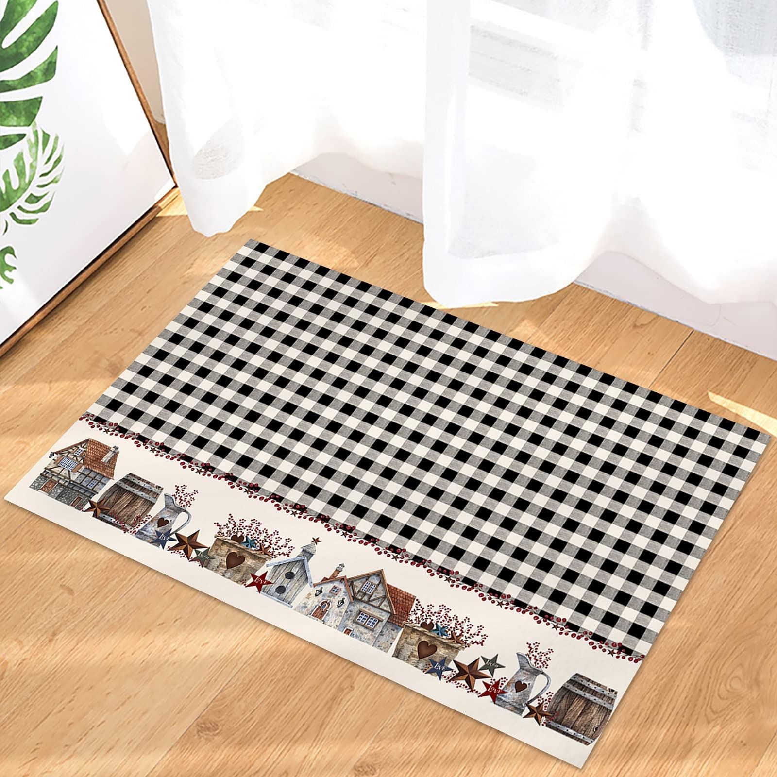LTAETHC Kitchen Rug Floor Mat Retro Farm Country Star Berry on Black Grid Flannel Kitchen Mats, Cushioned Anti Fatigue with Non Slip Rubber Backed for Kitchen Bedroom Home Entrance - 18" x 30"