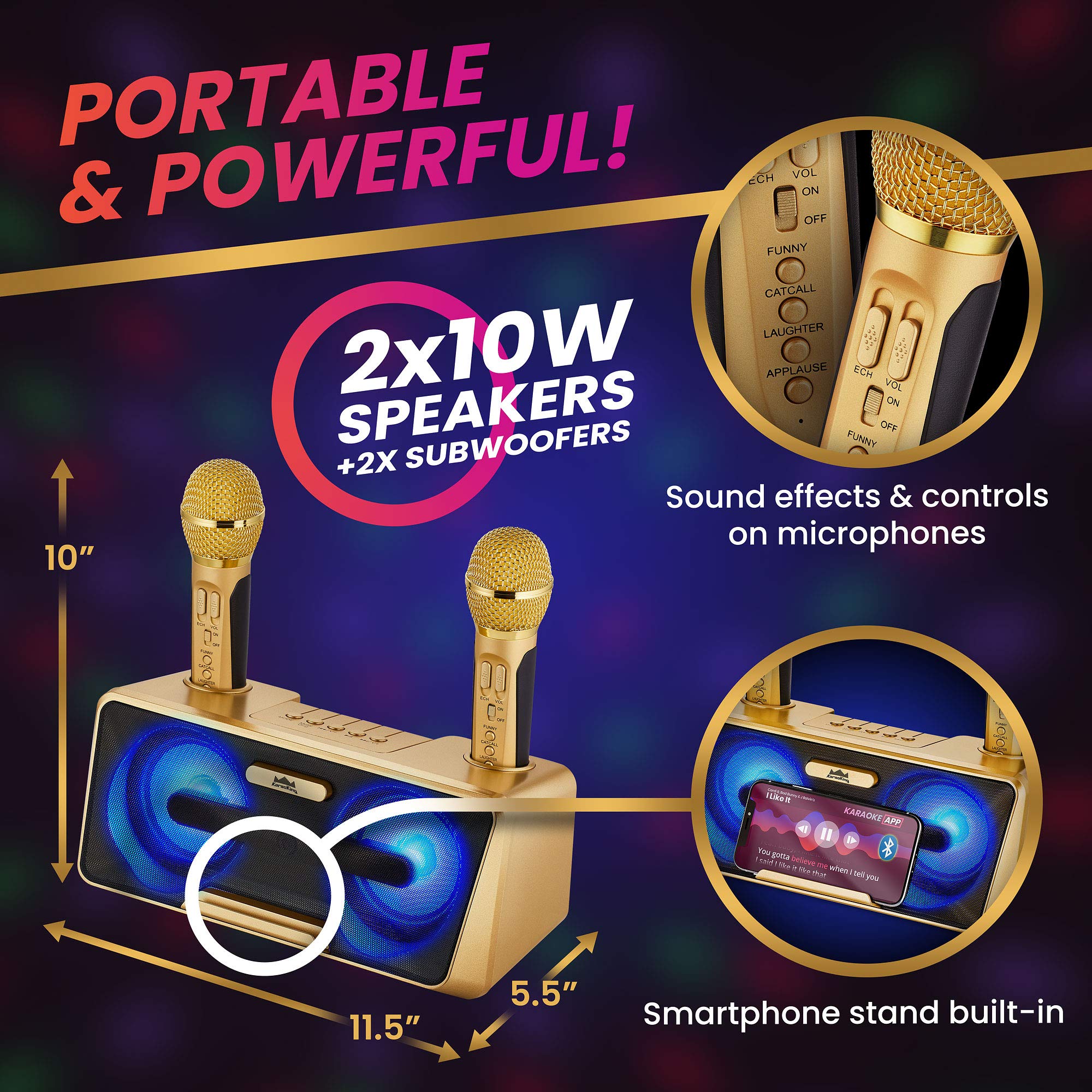 KaraoKing New 2020 Karaoke Machine – for Adults and Kids – 2 Wireless Karaoke Microphone, SD Card, USB, Bluetooth Compatible, LED Lights – Home, Bachelor Party, Picnic, Outdoor/Indoor [G301 Gold]