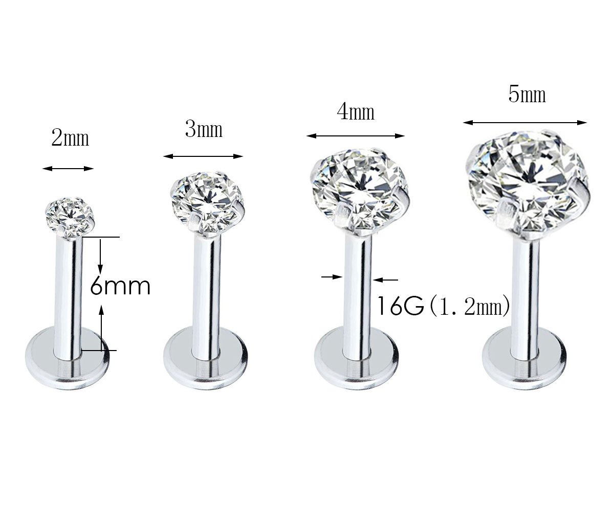 Injoy Jewelry 16G Stainless Steel 2-5mm Round Cubic Zircon Lip Studs Labret Monroe Nose Tragus Helix Ear Piercing Jewelry 6mm Bar Length, 4 Pairs