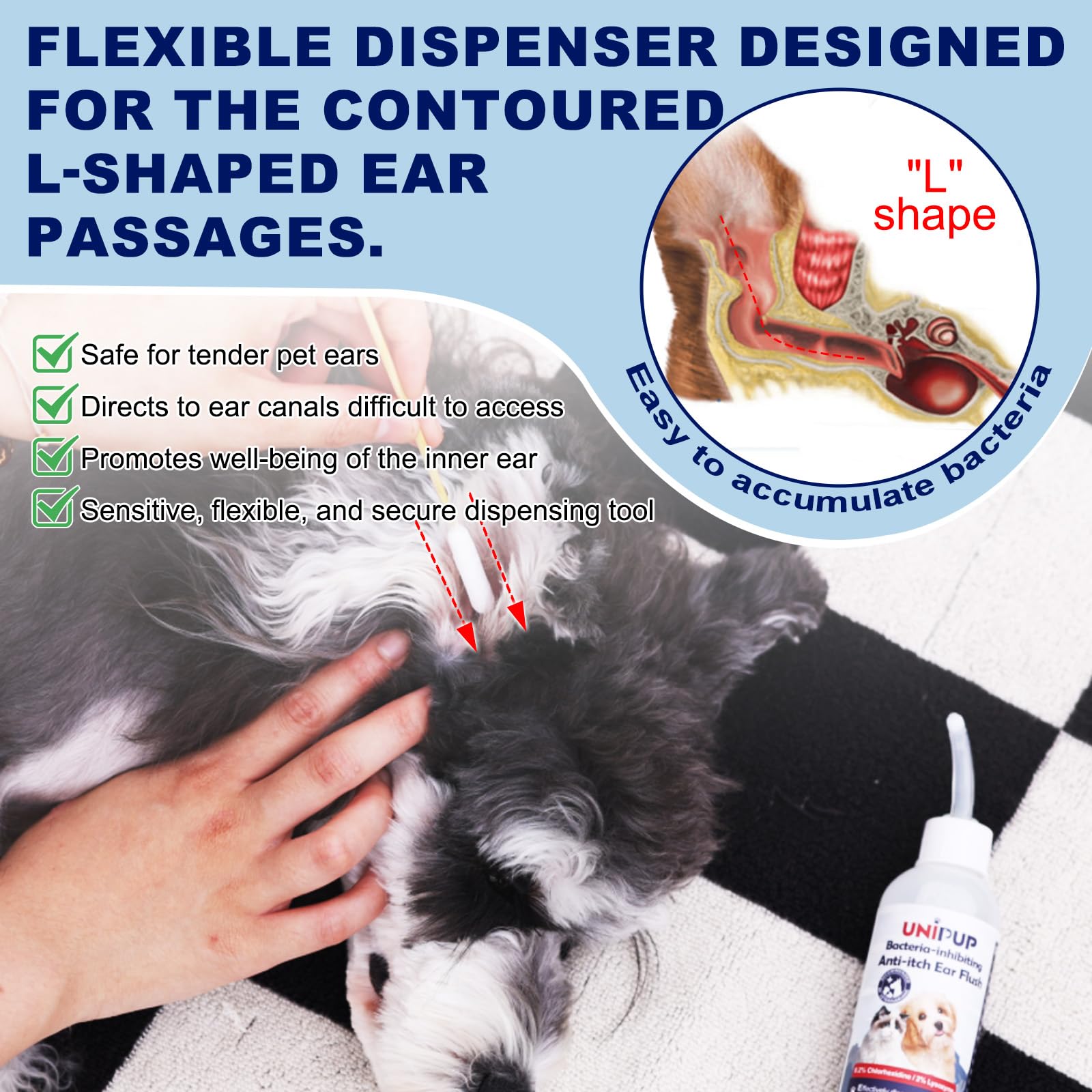 UNIPUP Dog Ear Cleaning Solution,Ear Infection Treatment for Dogs & Cats to Mitigate Itching, Inflammation, and Odor for Maintaining Ear Hygiene, with 30 Cotton Swabs, 4 oz