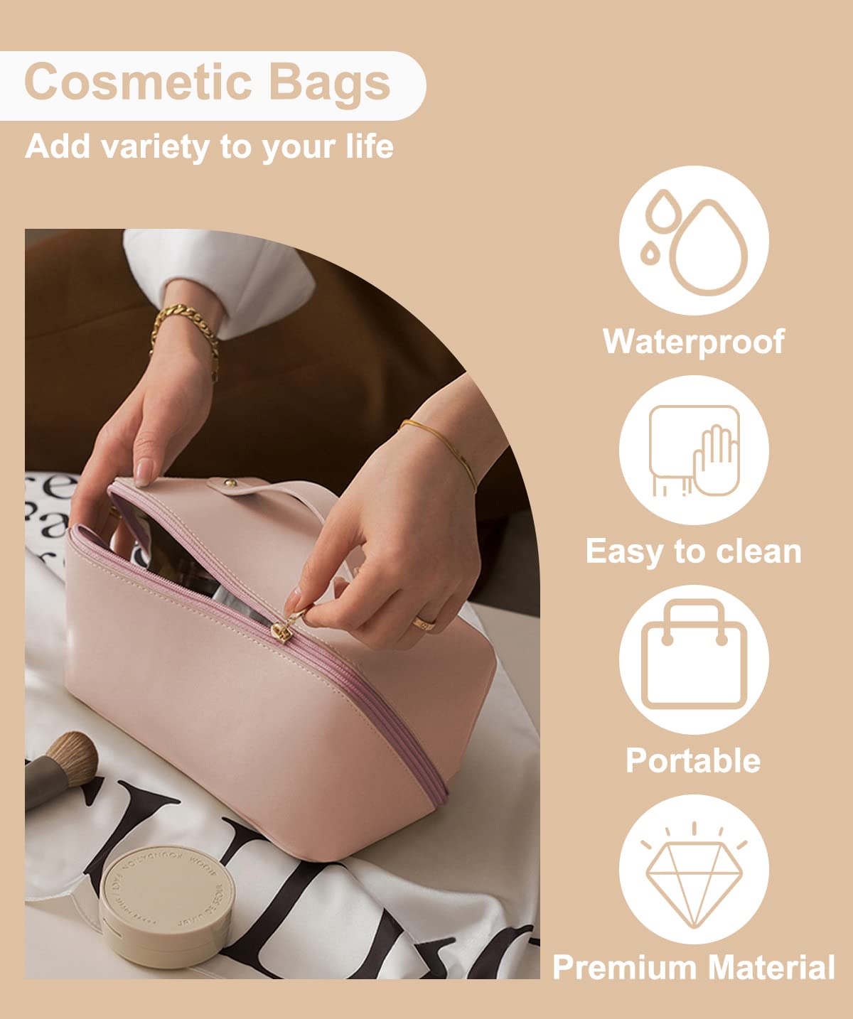 SOUKAHU Large Capacity Travel Cosmetic Bags for Women, PU Leather Makeup Bag,Waterproof Portable Pouch Open Flat Lay Cosmetic Bag Makeup Organizer Bag with Divider and Handle-Khaki