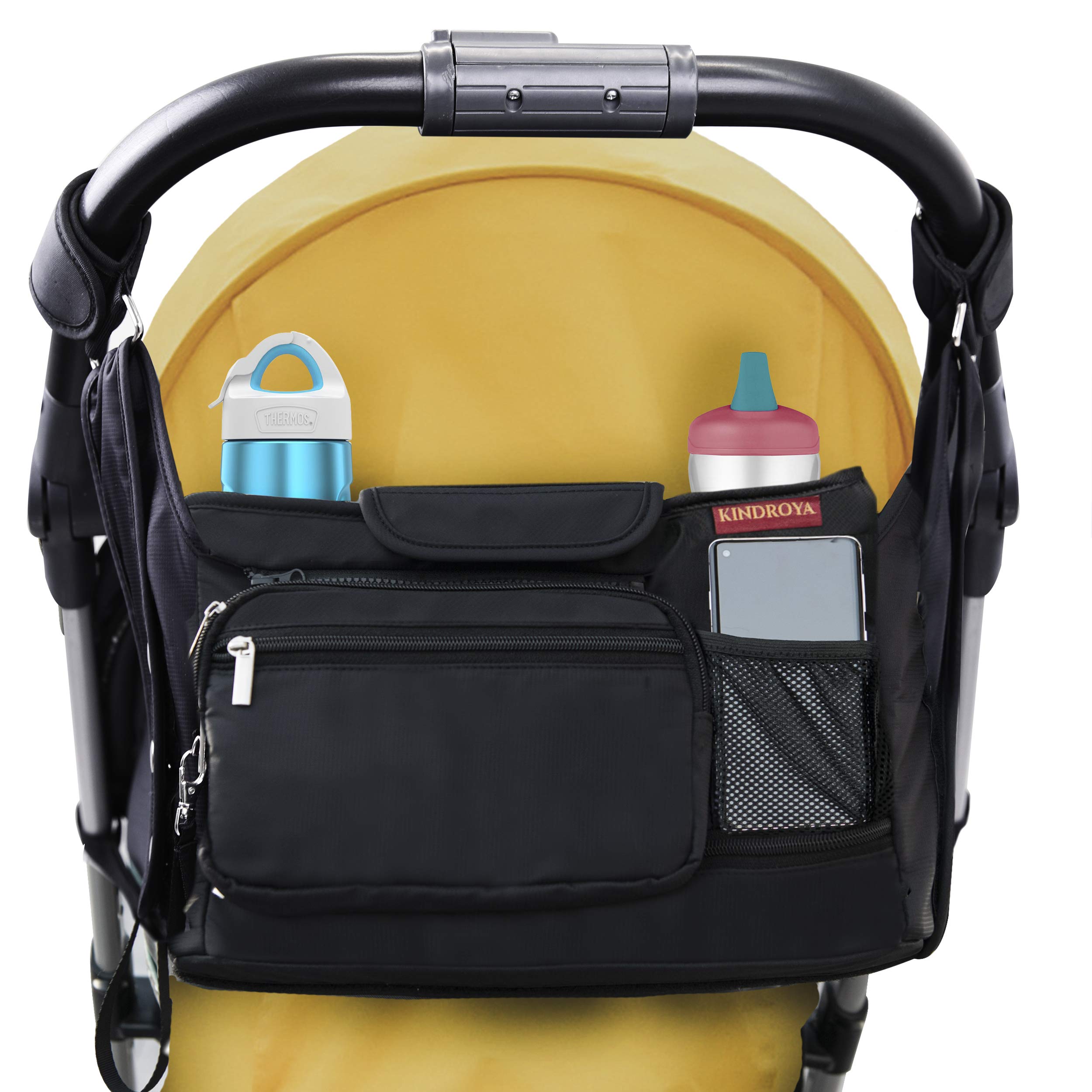 Kindroya Universal Stroller Organizer Bag- Extra Storage, Dual Locking Mechanism, Larger Insulated Cup Holders, Non-Slip straps, Detachable Mesh and Pouch, Hidden Pockets and Free Diaper Changing Pad.