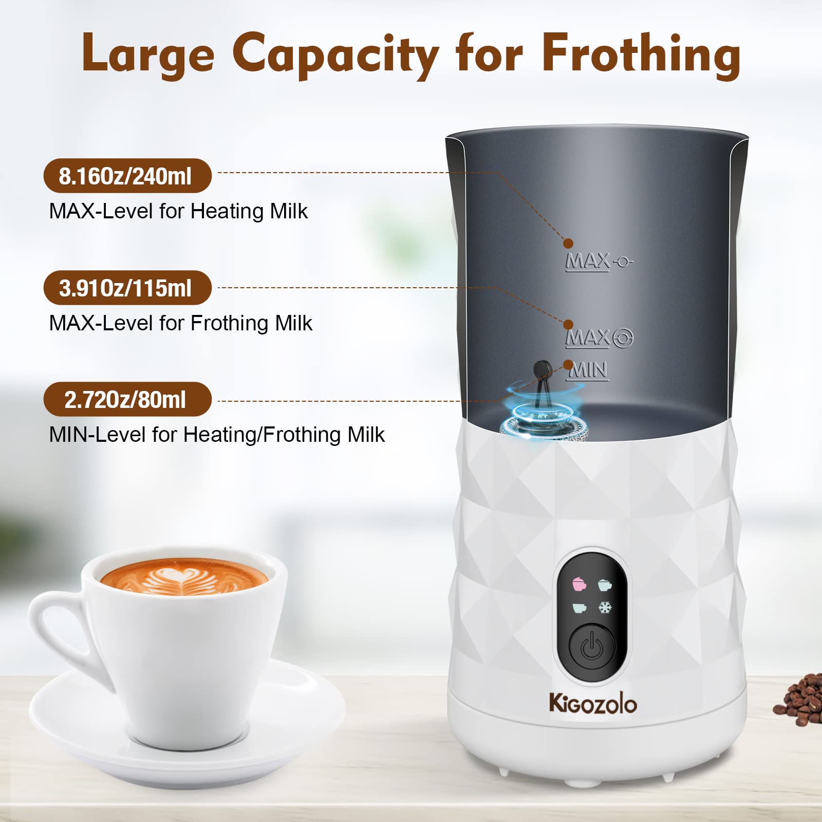 Milk Frother Electric Coffee Steamer Frother with 4 in 1 Quiet Operation,Effortless Foam,Unique Diamond Design,Temperature Control, and Auto Shut-Off Perfect for Coffee Lovers(white)