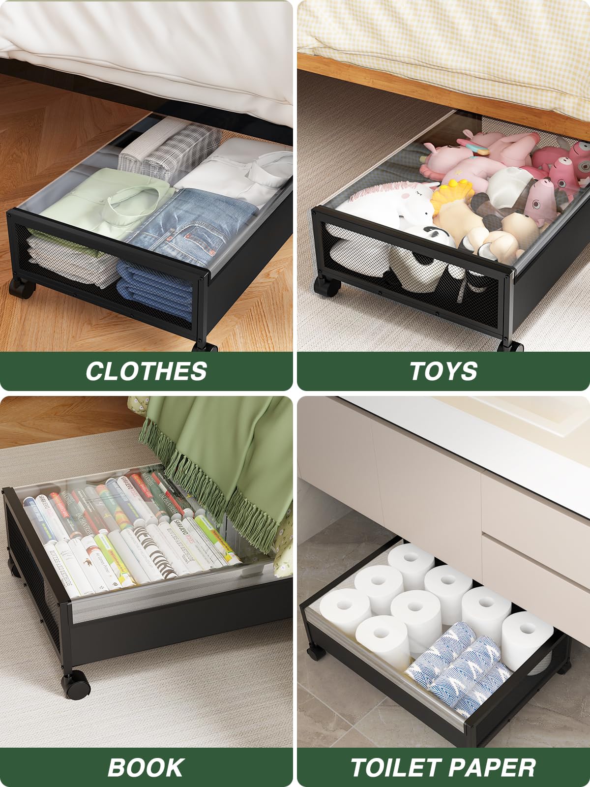 LEHOM Under Bed Storage with Wheels, Plastic Underbed Bins with Sturdy Metal Tubes Rolling Under Bed Drawer Storage Container with Window and Handle for Bedding, Clothes, Blanket, Shoes (2 Pack metal)