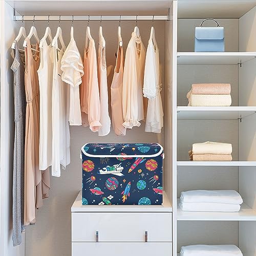 Krafig Spaceship Galaxy Outer Space Decorative Storage Box with Lid Large Bins Baskets Foldable Cube Organizer Collapsible Containers for Organizing, Toy, Home, Shelf, Closet
