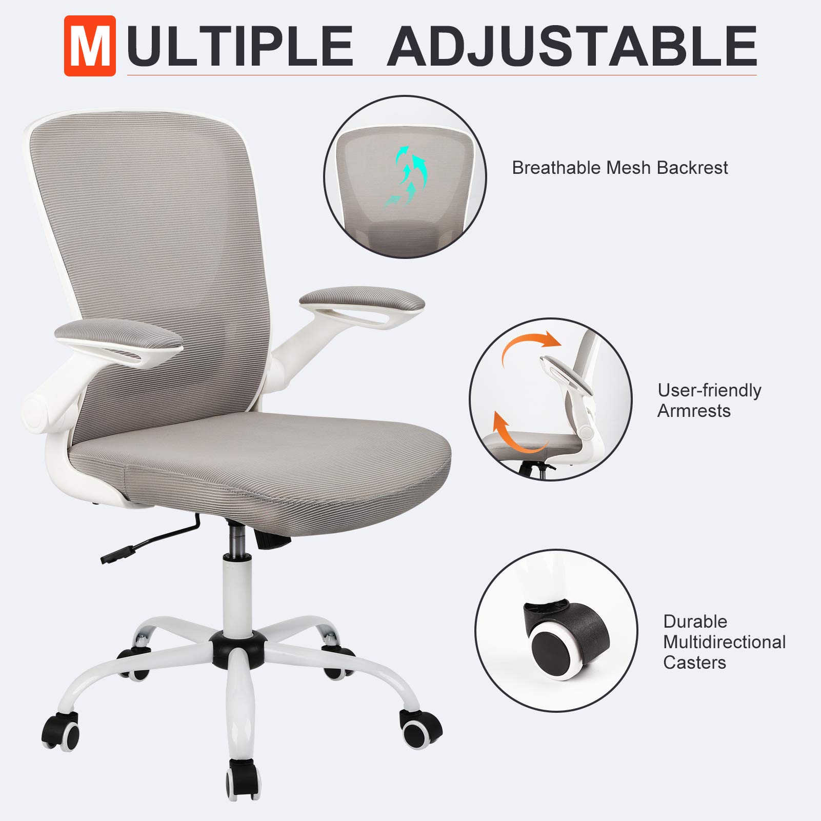 Komene Ergonomic Office Chair Mesh Computer Chair Swivel Recliner Chair with Lumbar Support and Flip-up Arms, Mid Back Adjustable Seat Height (g)