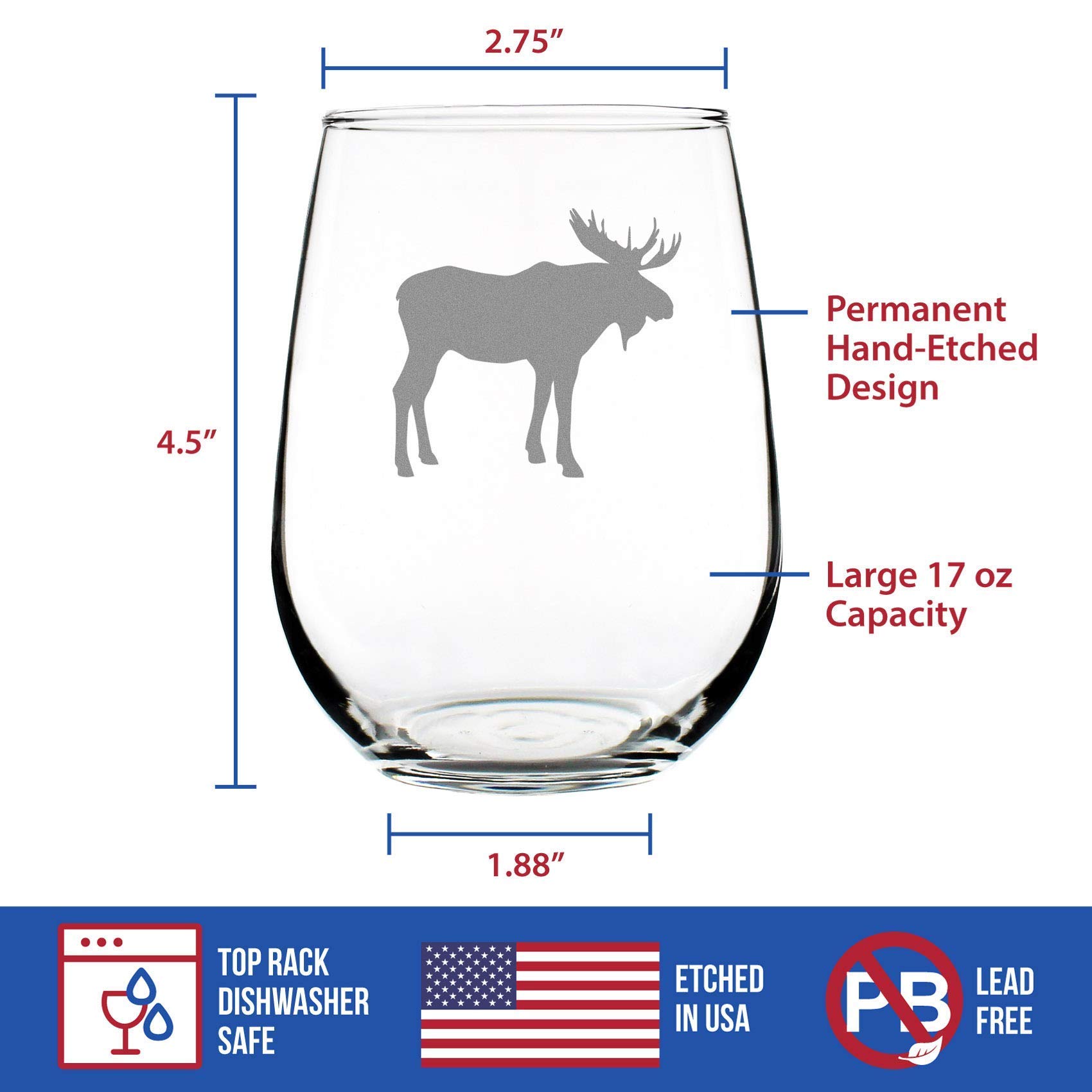 Moose Silhouette - Stemless Wine Glass - Cabin Themed Gifts or Rustic Decor - Large 17 Ounce
