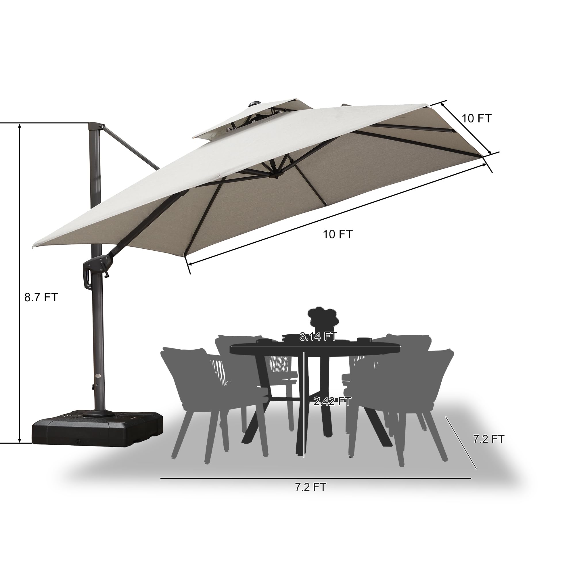 PURPLE LEAF 10 FT Cantilever Umbrella Outdoor Patio Eco-Friendly Olefin Umbrella, Large Offset Square Umbrella, Windproof Heavy Duty Hanging Outside Umbrella for Patio, Light Grey