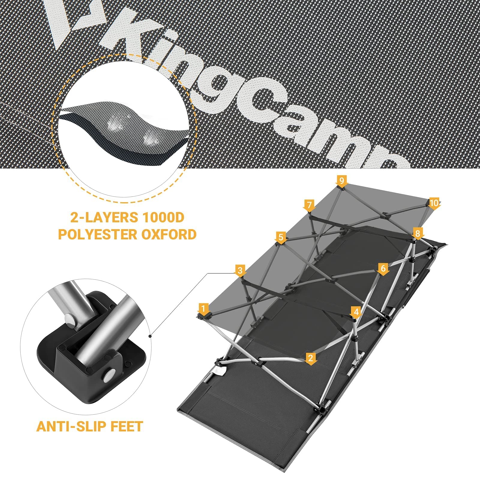 KingCamp Folding Camping Cot Lightweight Sleeping Cot Portable with Carry Bag Double Layer 1000D Sturdy Cot Heavy Duty Camping Bed for Adults Outdoor Travel, Hiking, Office Support 265lbs Gray