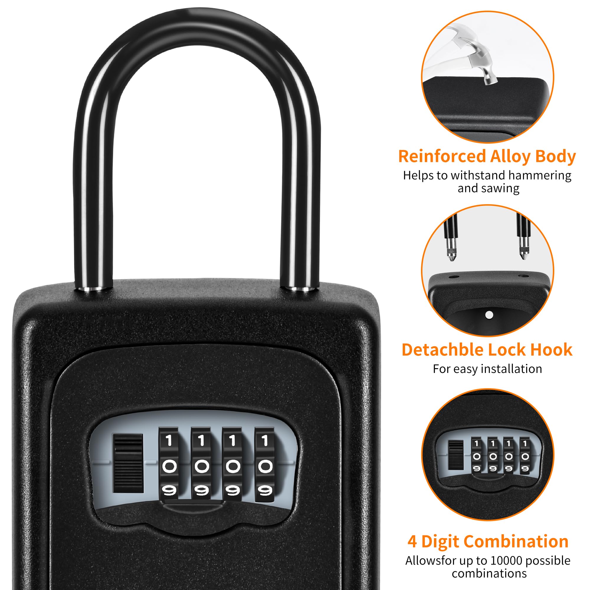 Portable Key Lock Box, Upgrade Clearly Visible Numbers, Lock Box Wall Mounted for House Key, 5 Key Capacity, Weatherproof Resettable Code (1 Pack, Black)