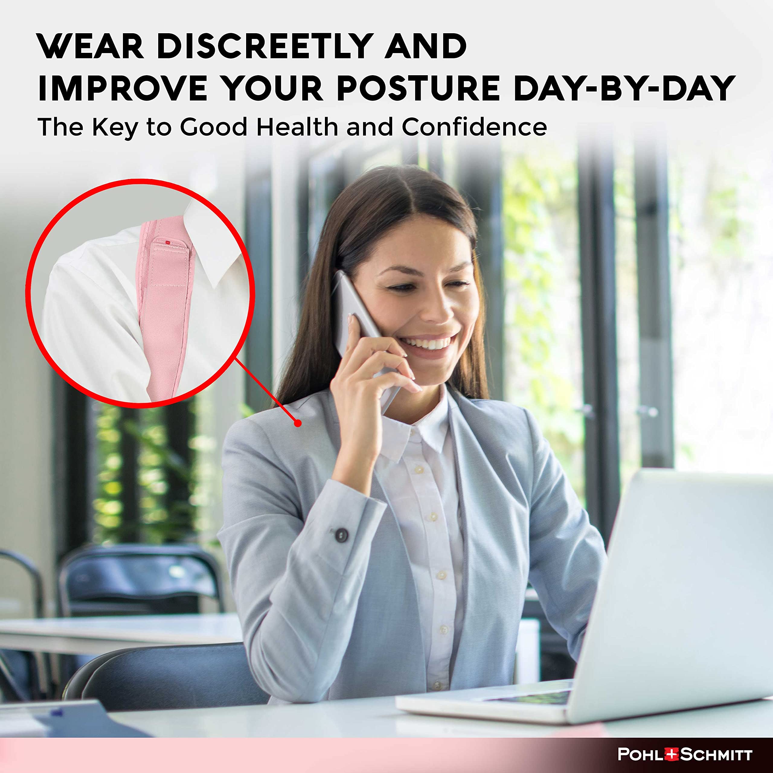 POHL SCHMITT Posture Corrector for Women and Men with Adjustable Back Straightener, Back Brace for Posture - Prevent and Relief Neck, Body Alignment Improvement & Support - Back & Shoulder Pain, Pink