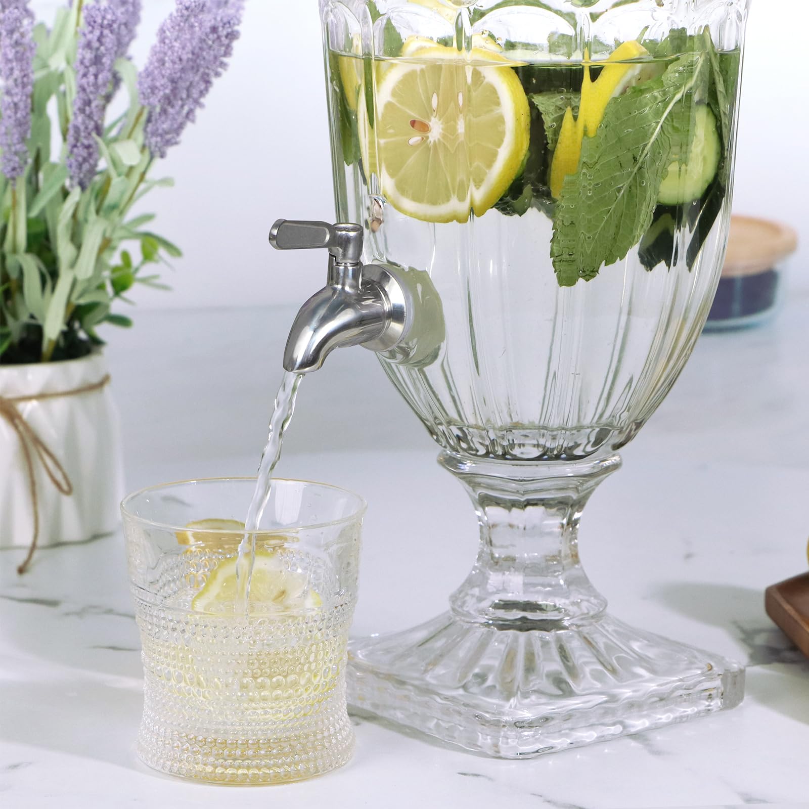 MOLIGOU Glass Iced Beverage Dispenser, 0.8 Gallon Drink Dispenser with Glass Lid and Stainless Steel Spigot, Wide Mouth Beverage Server for Party, Bar