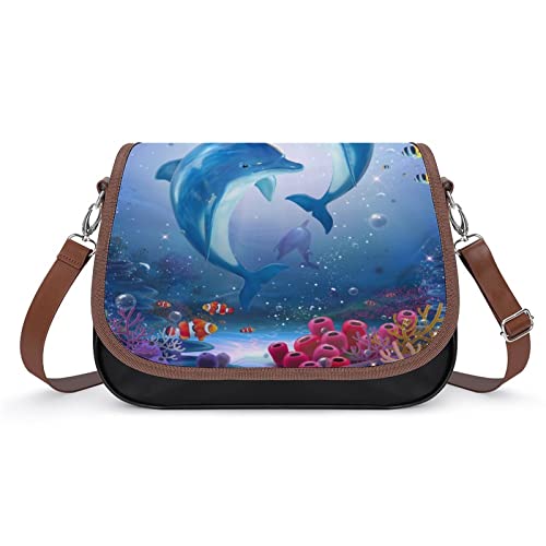 Pod of Lovable Dolphin Women's Vintage Crossbody Shoulder Bag Leather Handbags Small Purse