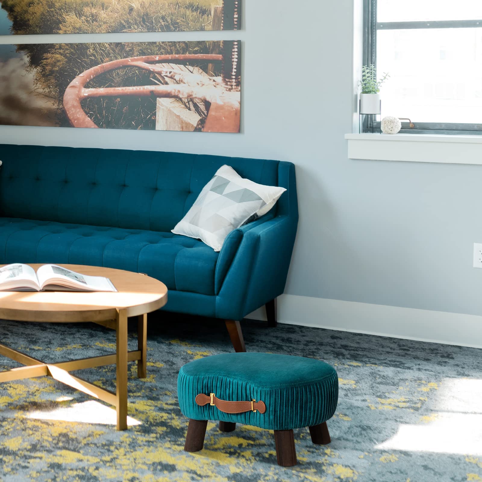 LUE BONA Small Curved Foot Stool with Handle, Velvet Footstool and Ottomans, Modern Foot Rest with Wooden Legs, Step Stool with Padded Seat for Couch, Living Room, Teal