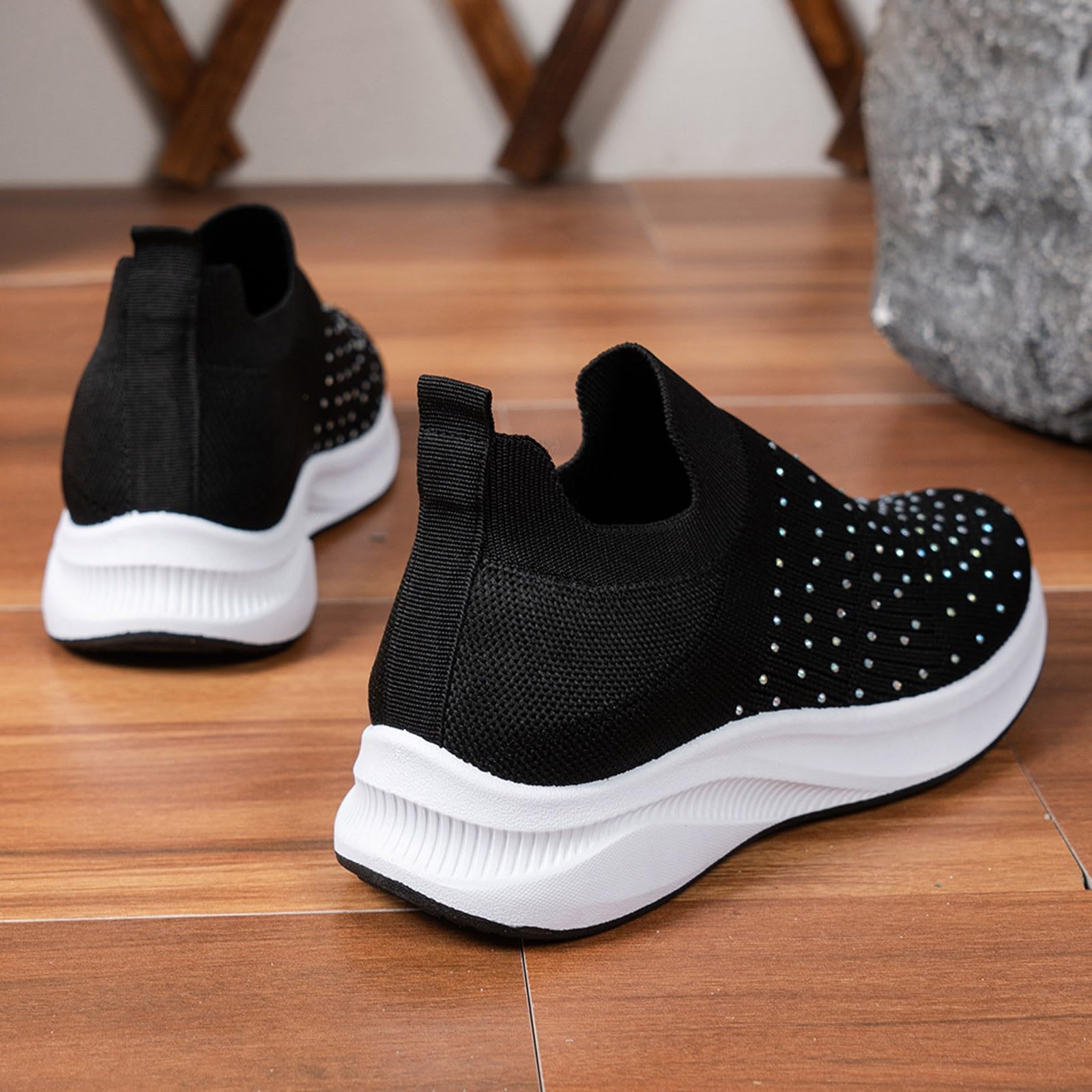 Htmbrou Women's Rhinestone Mesh Orthopedic Sneakers Mesh Walking Shoes Crystal Glitter Slip On Breathable Arch Support Sock Sneaker B-White
