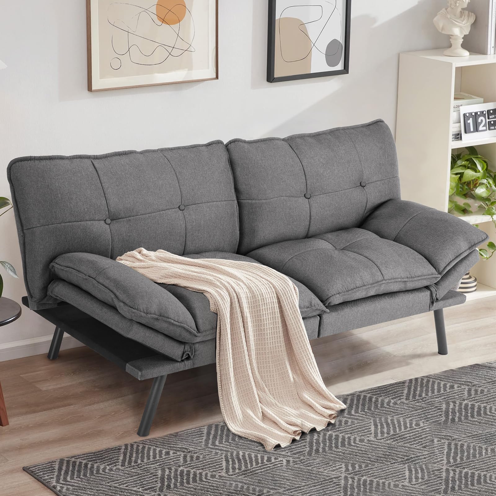 Sweetcrispy Sofa Couch, Futon Sofa Bed, Loveseat Sleeper Futon for Living Room, Foldable Memory Foam Furniture, Convertible Full Size Sofa, Adjustable Backrest and Armrests, Linen, Dark Grey