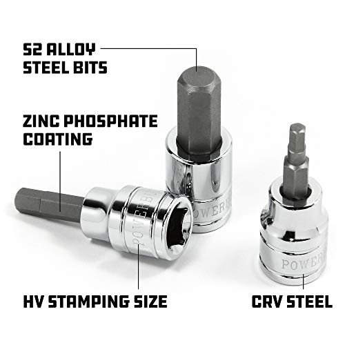 Powerbuilt Hex Bit Socket Set, 8 Piece, 3/8 Inch Drive Metric, Sizes 3-10mm, Ball End Sockets, Storage Rail - 642405