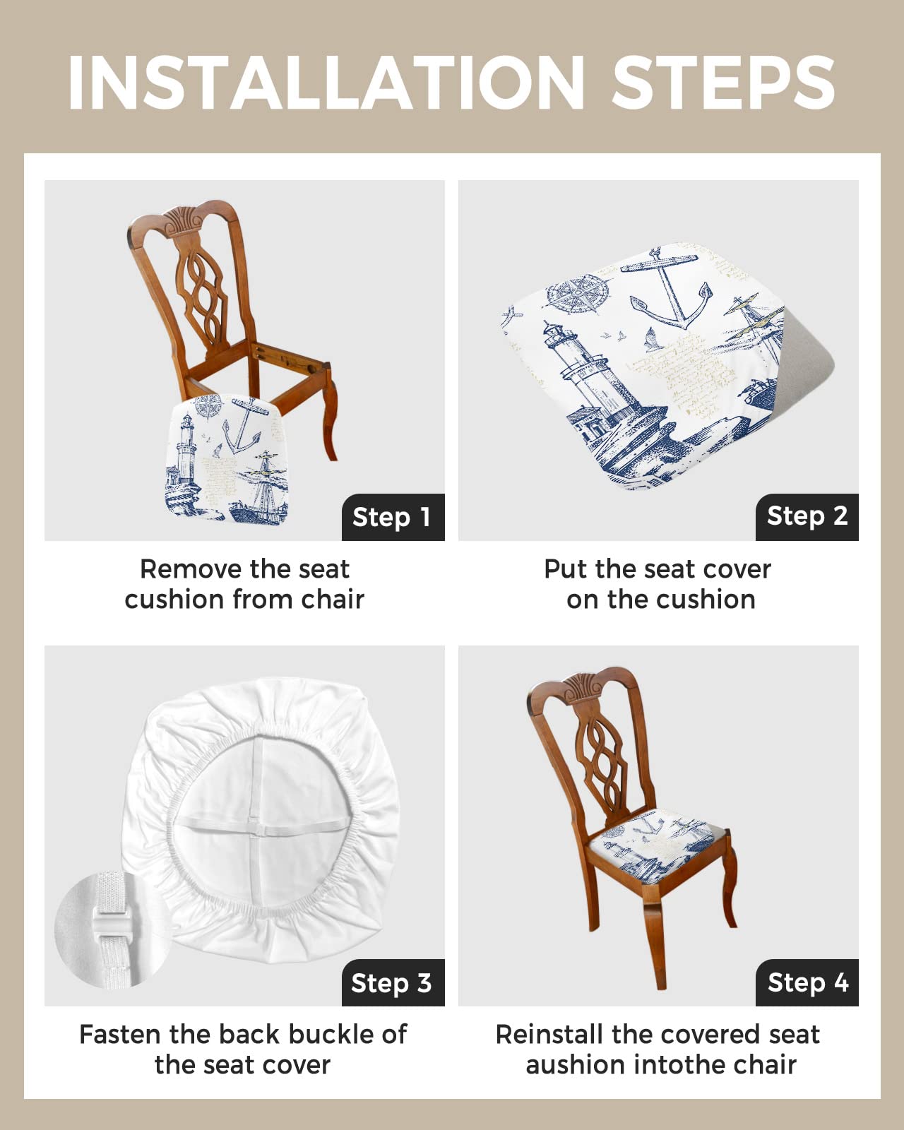 Ocean Nautical Seat Covers for Dining Chairs, Stretch Kitchen Chair Slipcovers, Retro Blue Sea Coastal Lighthouse Boat Dining Room Chair Covers Removable Office Chair Cover Protector Set of 2