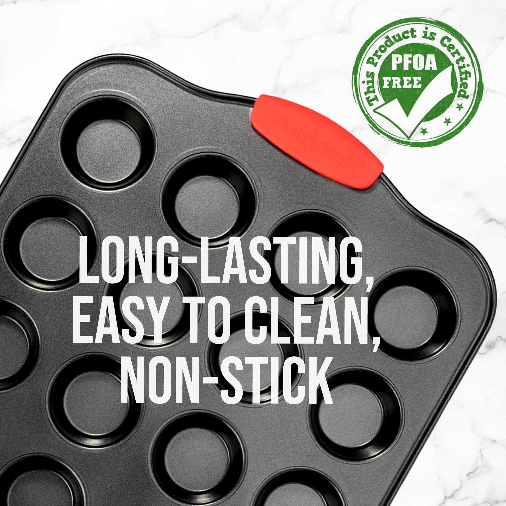 NutriChef 24 Cup Muffin Non Stick Baking Pan with Red Silicone Handles, Attractive Gray Carbon Steel Bake Pan, Commercial Grade Restaurant Quality Metal Bakeware