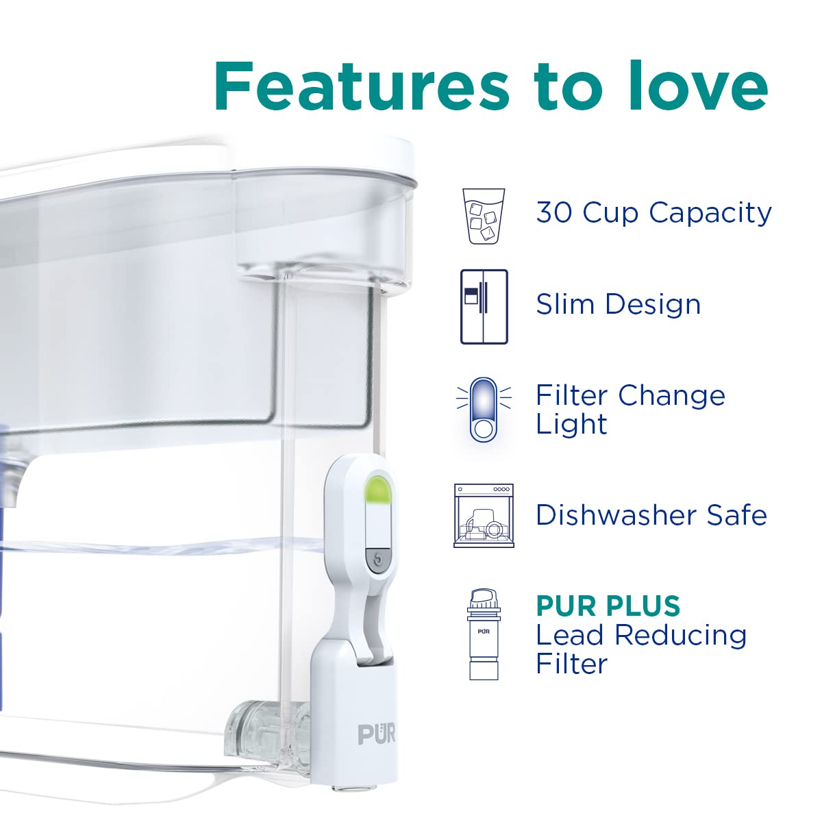 PUR PLUS Large Filtered Water Dispenser, 30 Cup – Includes 1 PUR PLUS Water Pitcher Filter, 1 Count (Pack of 1)