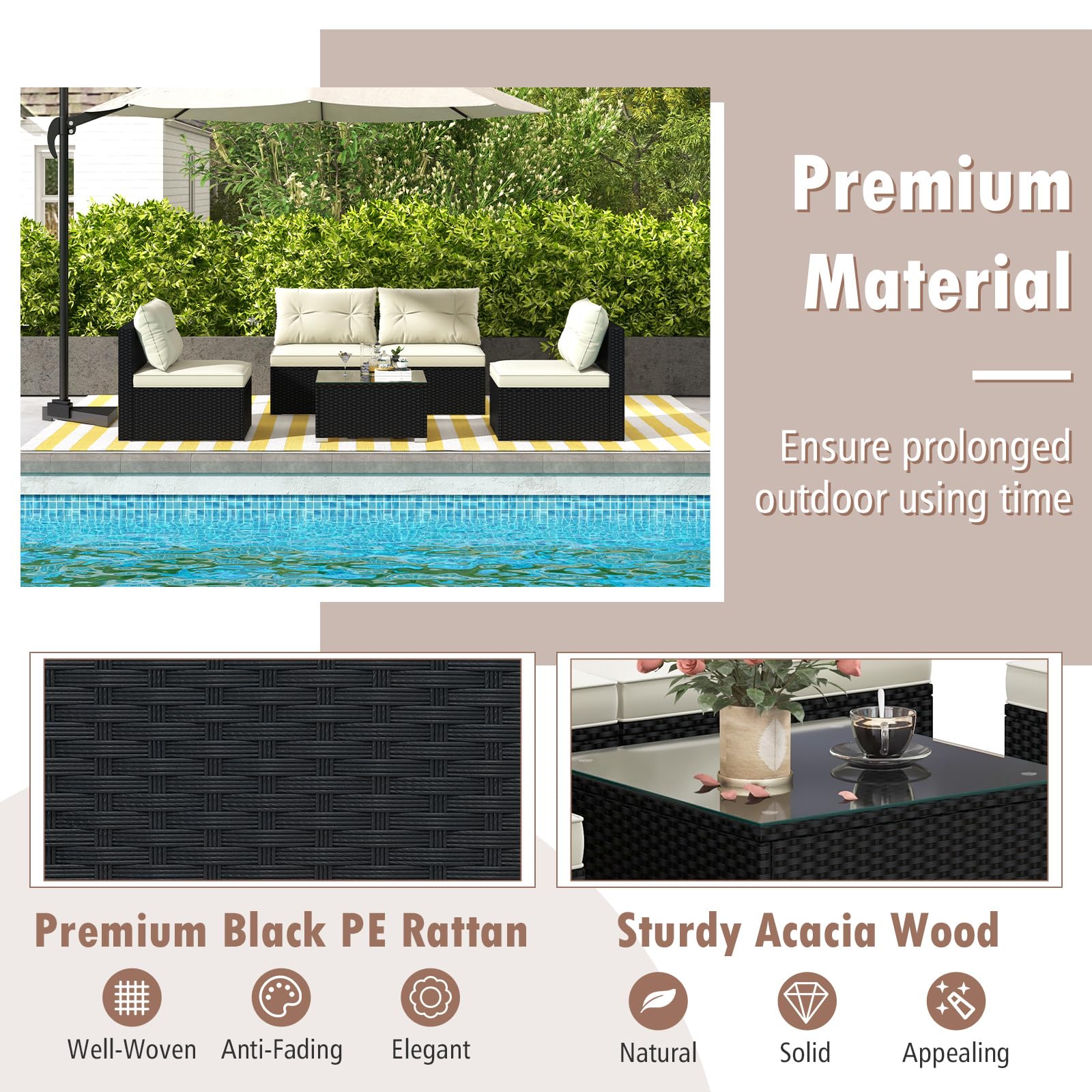 Tangkula 5 Piece Rattan Sofa Set, Patiojoy Outdoor Wicker Furniture Set with Seat & Back Cushions, Square Coffee Table, Patio Sectional Sofa Set for Backyard, Poolside, Garden