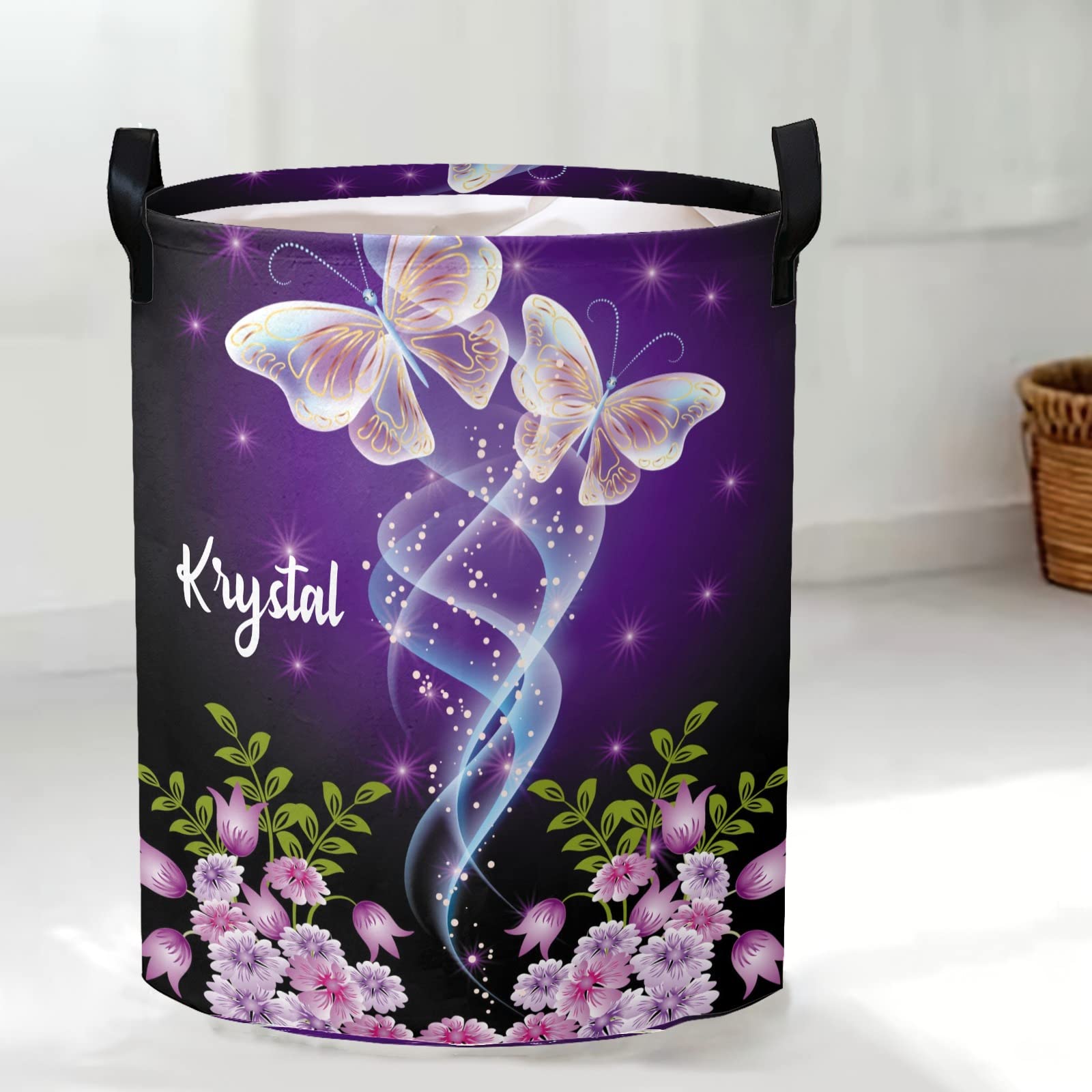 Personalized Custom Fantasy Butterfly Pretty Collapsible Large Sized Clothes Hamper with Knitting Handles for Baby Girls Boys Kids Nursery Clothes Things