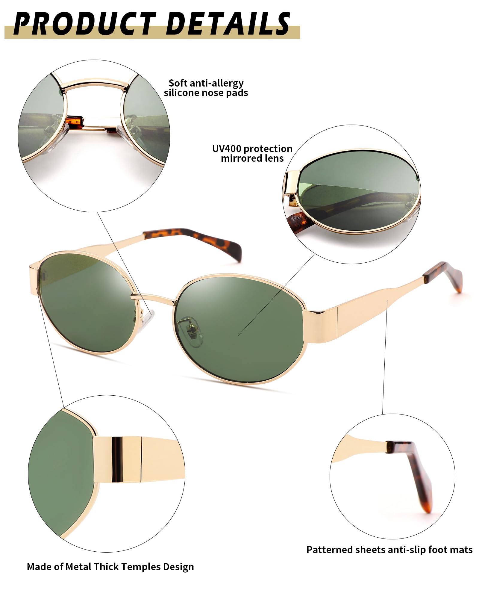 Pro Acme Retro Oval Sunglasses,Trendy Classic Shades Metal Frame Sun Glasses UV400 Protection (Gold/green)
