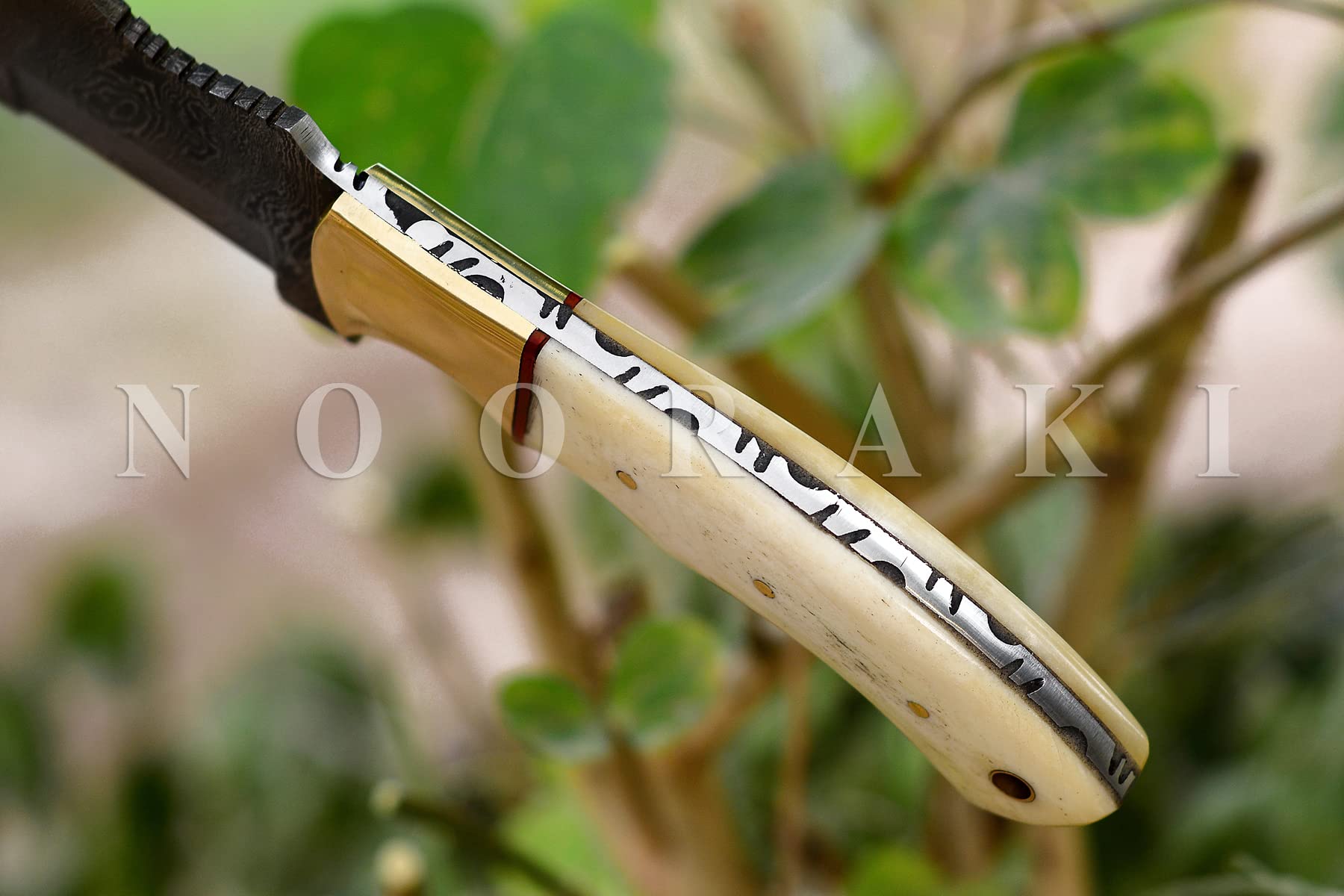 Nooraki - 11-inch | Fire Pattern Custom Handmade Damascus Tracker Knife with Camel Bone Handle Hunting knife, Camping knife, Bushcraft Knife, Survival Knife, Full Tang With Sheath #333