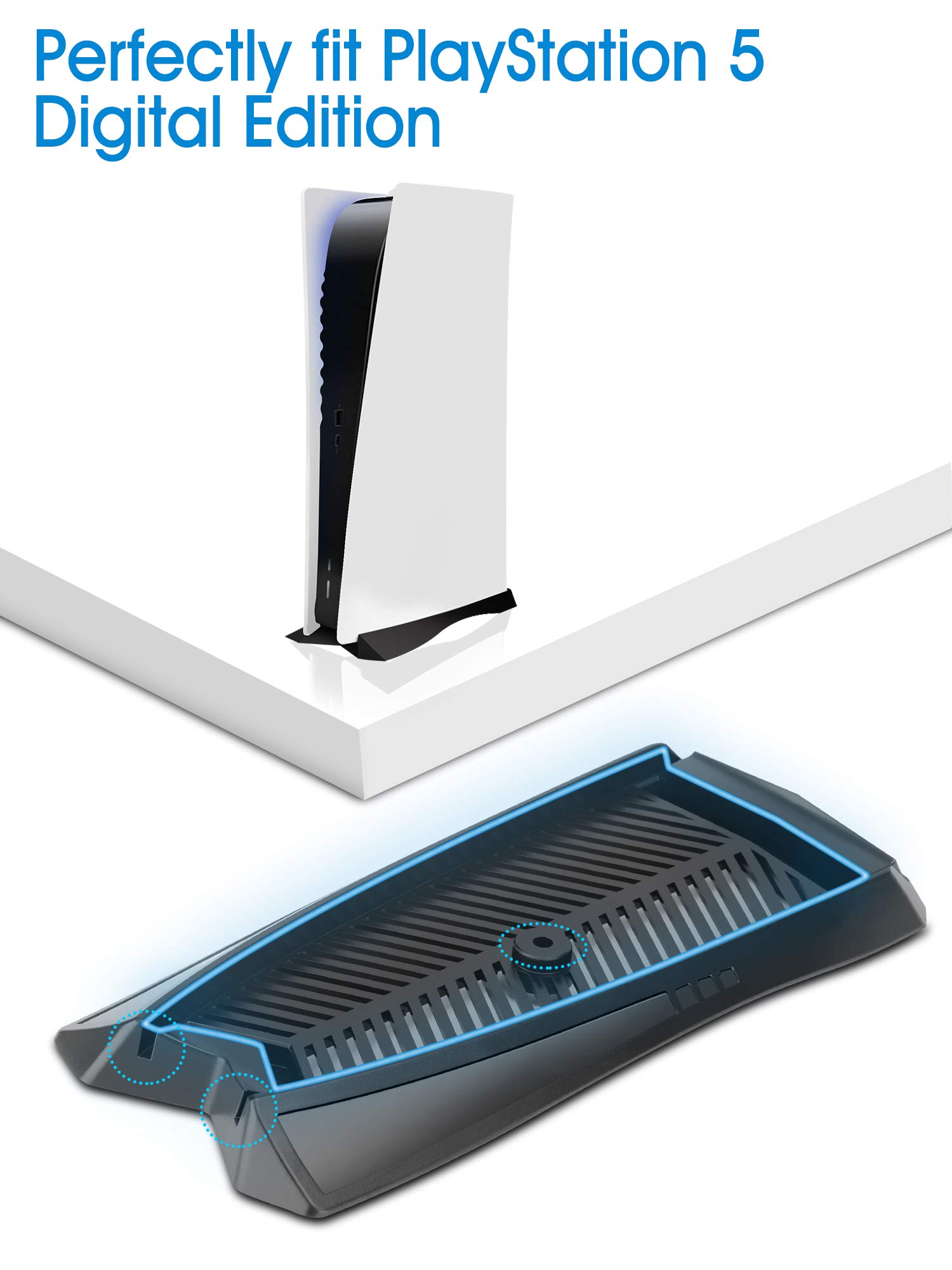 Kootek Vertical Stand for Playstation 5 Digital Edition, with Built-in Cooling Vent, Non-Slip Rubber Pad, Stable Base Compatible with PS5 DE Console