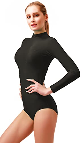 Javly Turtleneck Bodysuit for Women Long Sleeve Ballet Dance Leotards with Zipper on Back Undergarment Spandex Bodysuits Jumpsuits Black XXL