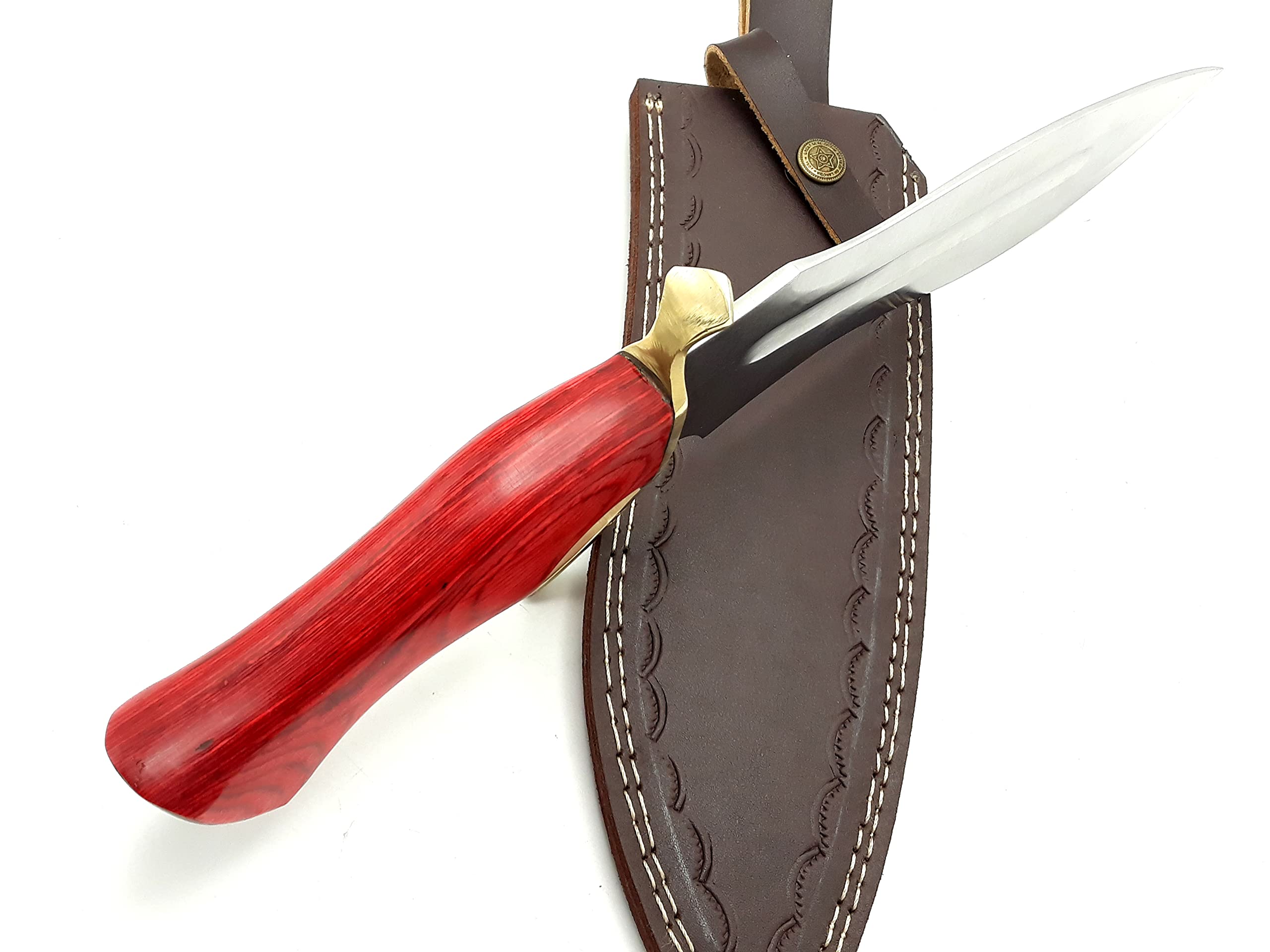 Nooraki - 15.5" Handmade D2 Steel Fixed Blade Bowie Knife with Leather Sheath, Multipurpose Knife with Brass Guard and Red Pakka Wood Handle for Everyday Carry, Camping, Hunting