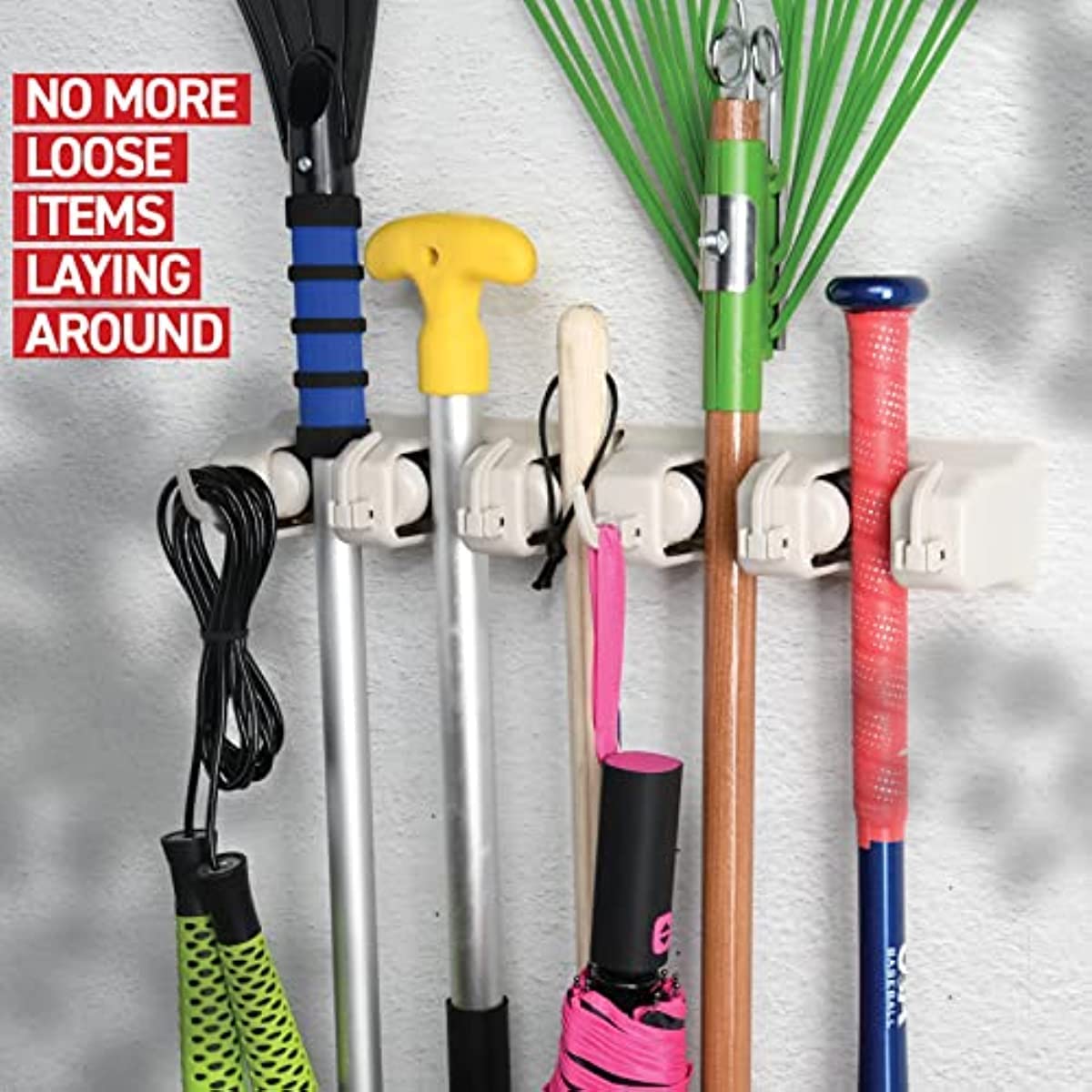 SHUPFA Broom Holder Wall Mount,Storage Rack,5 Position with 6 Hooks,Storage System Broom Organizer.