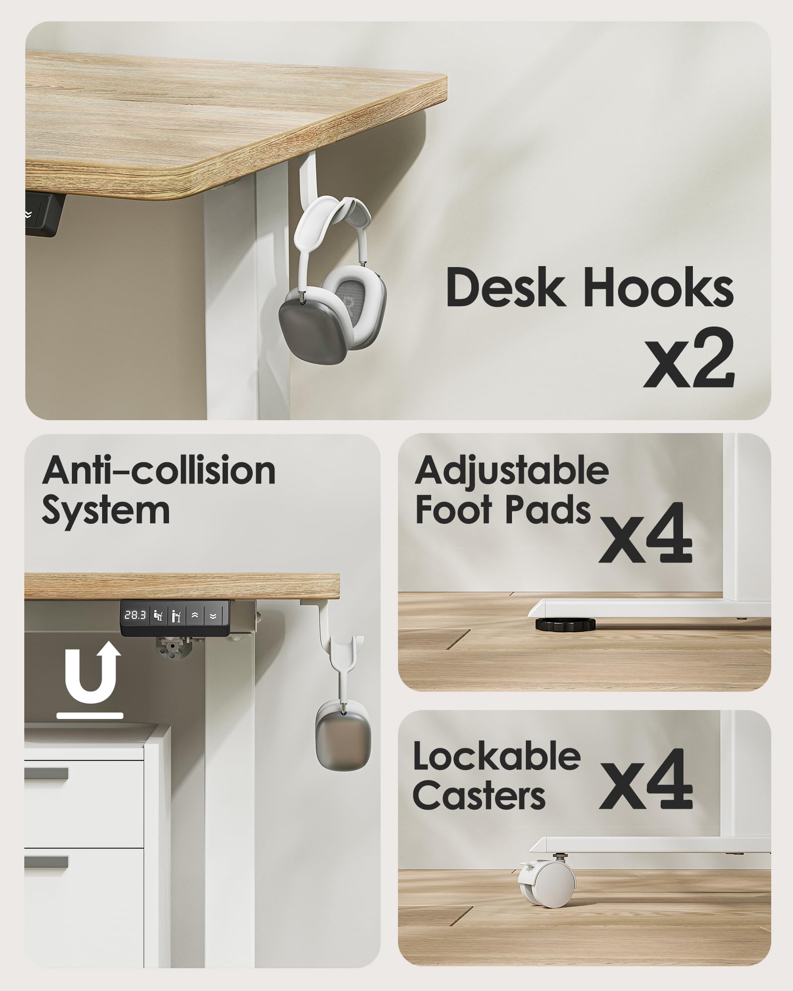 TIQLAB Standing Desk 47 x 24 inch, Electric Height Adjustable Desk with Splice Board, Stand Up Desk with Casters, Sit Stand Desk Computer Desk for Home Office, White Frame/Maple Top
