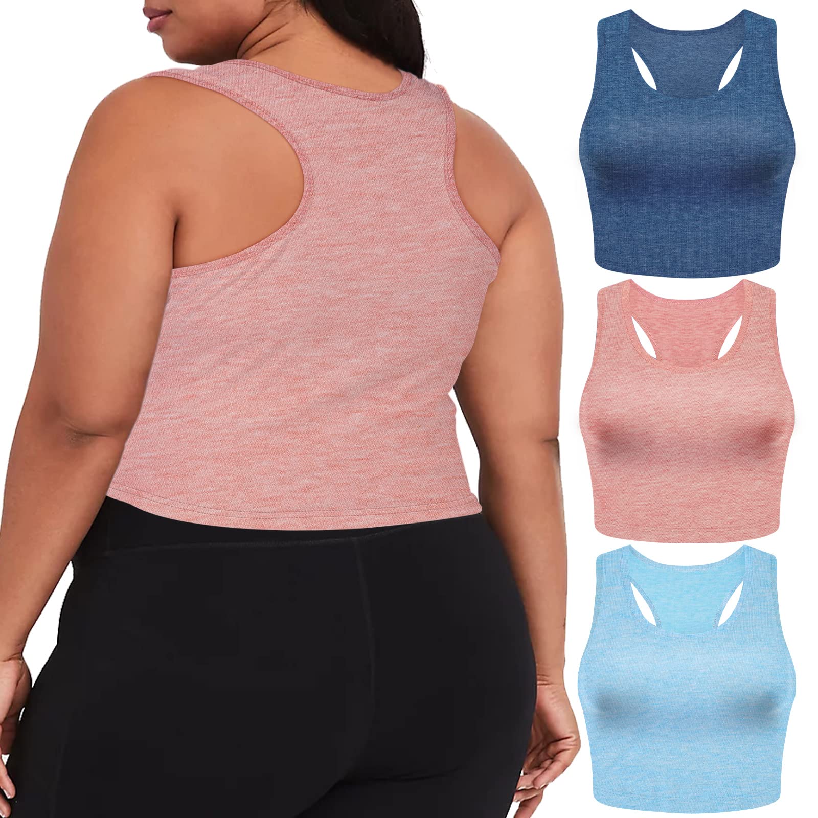 Moon Wood 3 Pieces Basic Plus Size Cropped Tank Tops for Women Sleeveless Racerback Crop Tank Top Sports Workout