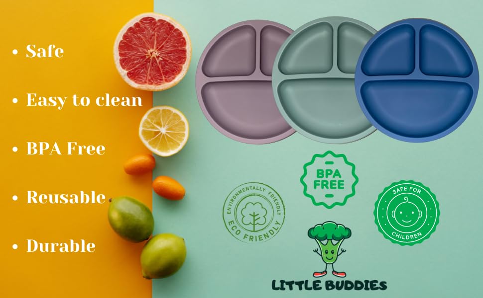 Little Buddies 100% Silicone Suction Dishware Plates for Toddlers and Babies | Dishwasher and Microwave Safe | 3 Pack | Blue, Gray, Green