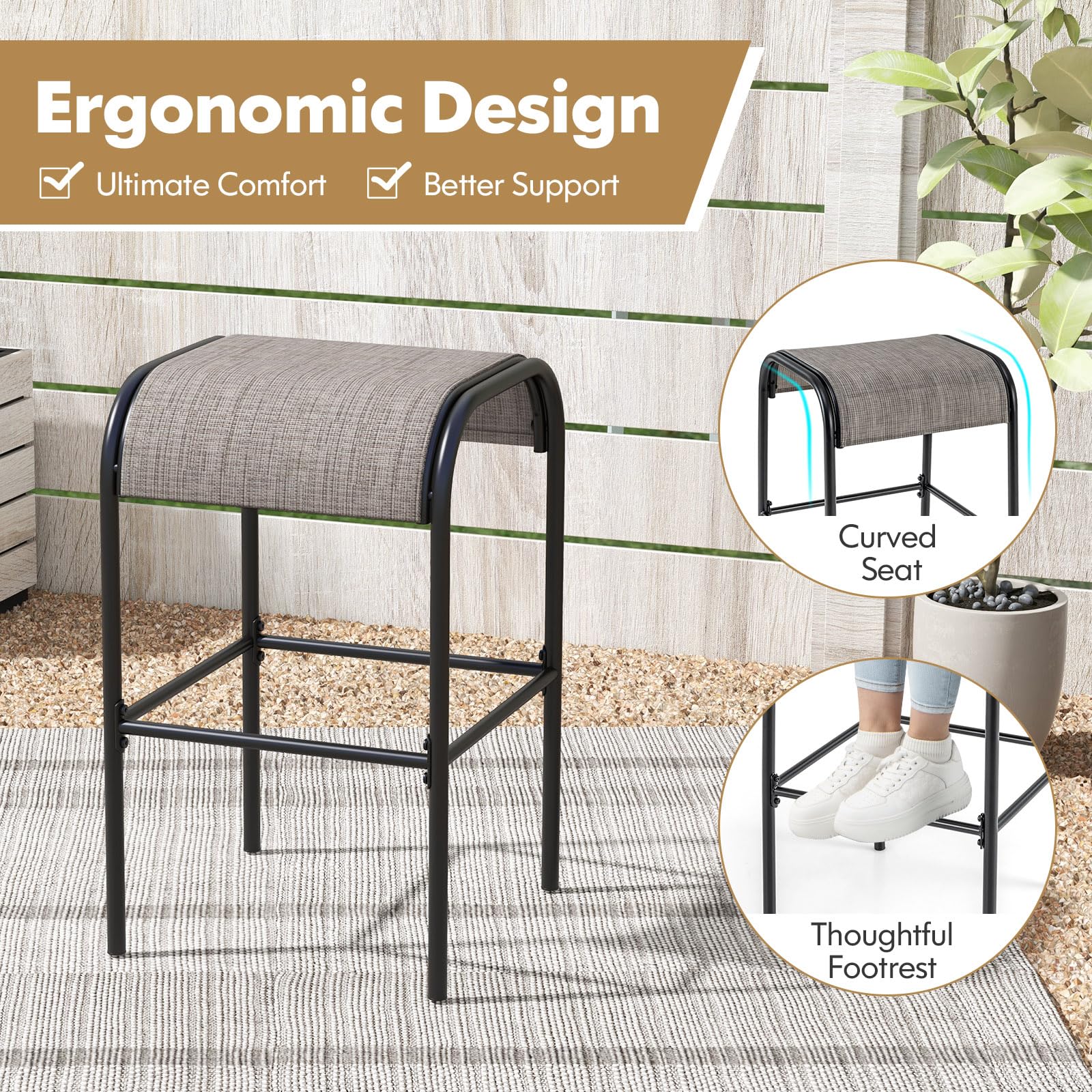 Tangkula Outdoor Bar Stools Set of 4, 30" Bar Height Bistro Stools with Breathable Fabric Seat & Heavy-Duty Metal Frame, Backless Bar Chairs with Curved Seats for Patio, Poolside, Backyard (4, Coffee)