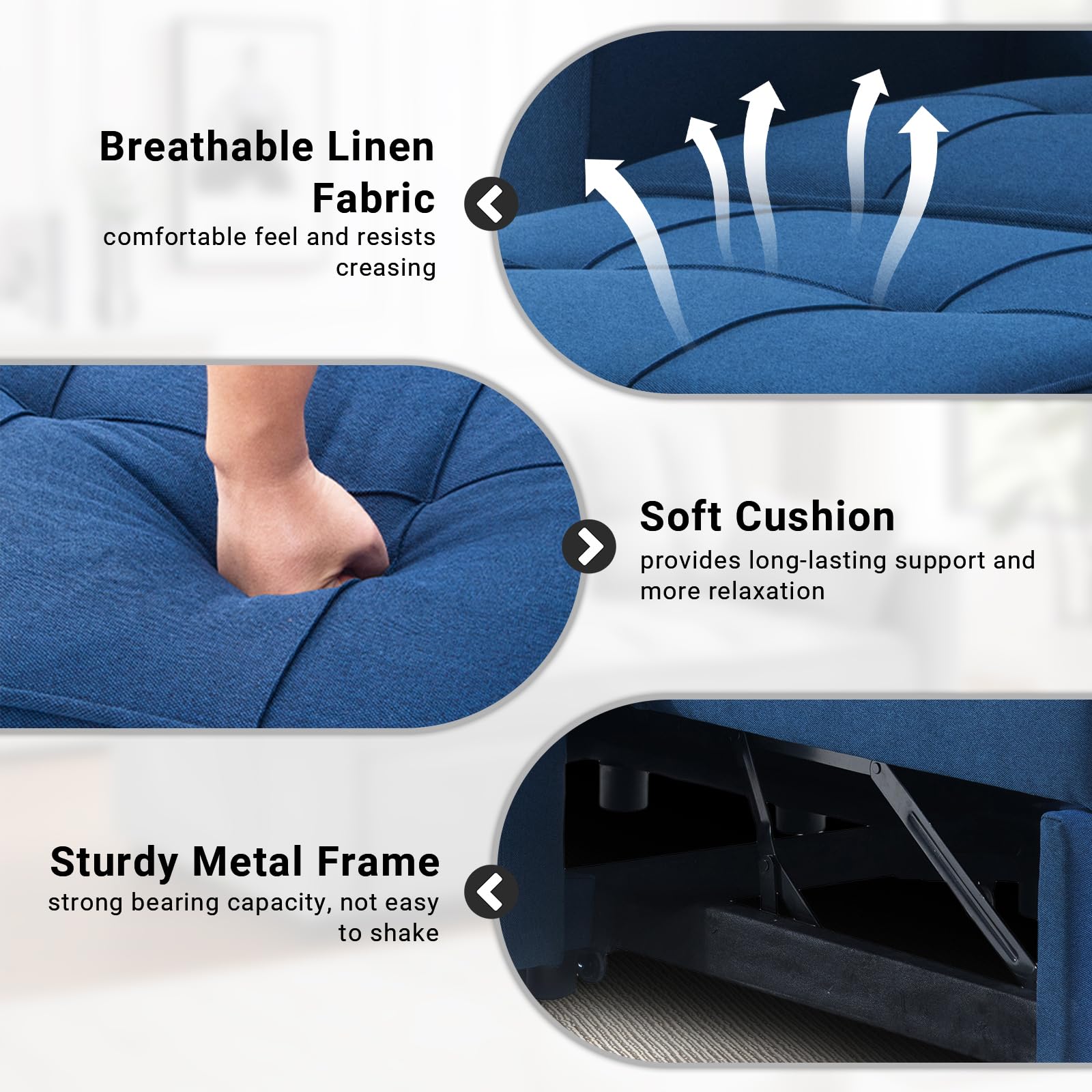 Skepphlay 3 in 1 Sofa Bed, Pull Out Couch with 3-Level Adjust Backrest, Convertible Loveseat with 2 Side Pockets, Sleeper Chairs for Adults, Modern Recliner for Living Room, Small Space, Blue