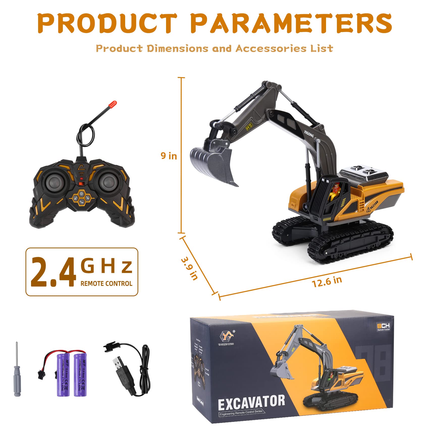 OFFKITSLY Remote Control Excavator Toys, 8 Channel RC Excavators Digger Construction Vehicles RC Trucks Toys with 2 Rechargeable Batteries for Boys Gift…