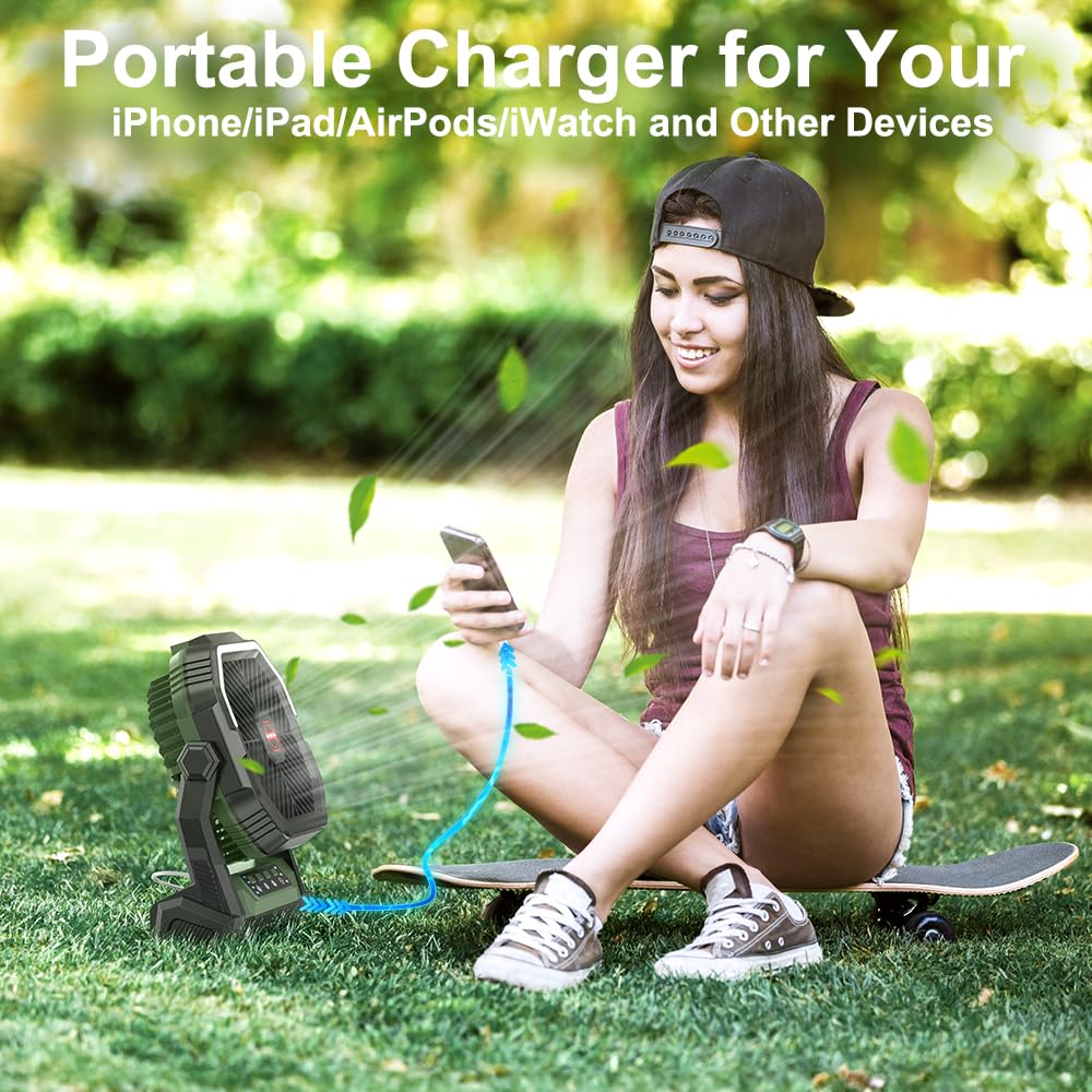 Portable Camping Fan,12000mAh 5 IN 1 Rechargeable Personal USB Small Desk Battery Powered fan with LED Lights/Power Bank/Timer/Hook Camping Essentials Accessories for Travel Tent Outdoor Fishing