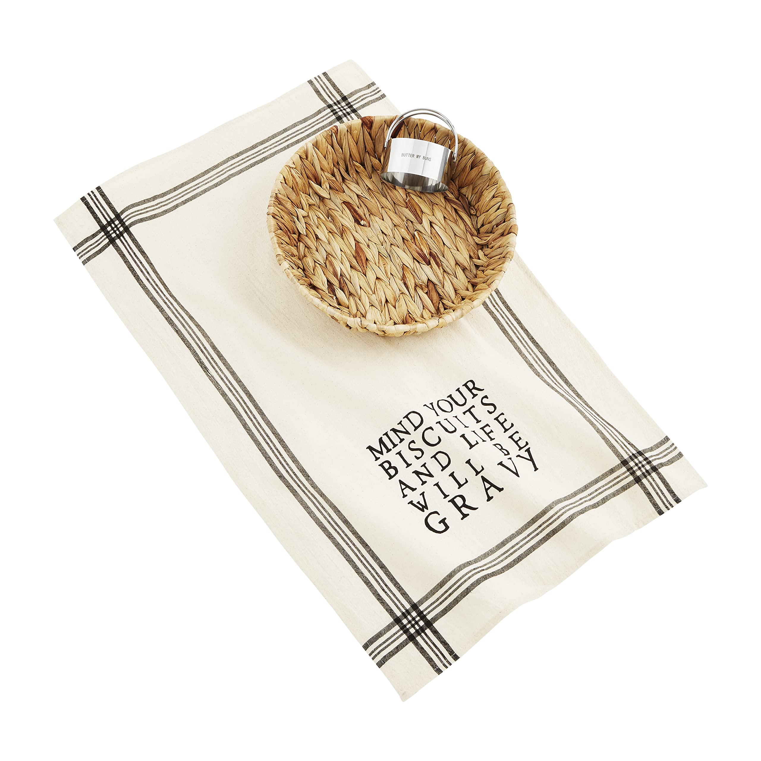 Mud Pie Biscuit Basket and Cutter Set, basket 2 1/2" x 11" dia | towel 26" x 16 1/2" | cutter 4" x 3" dia