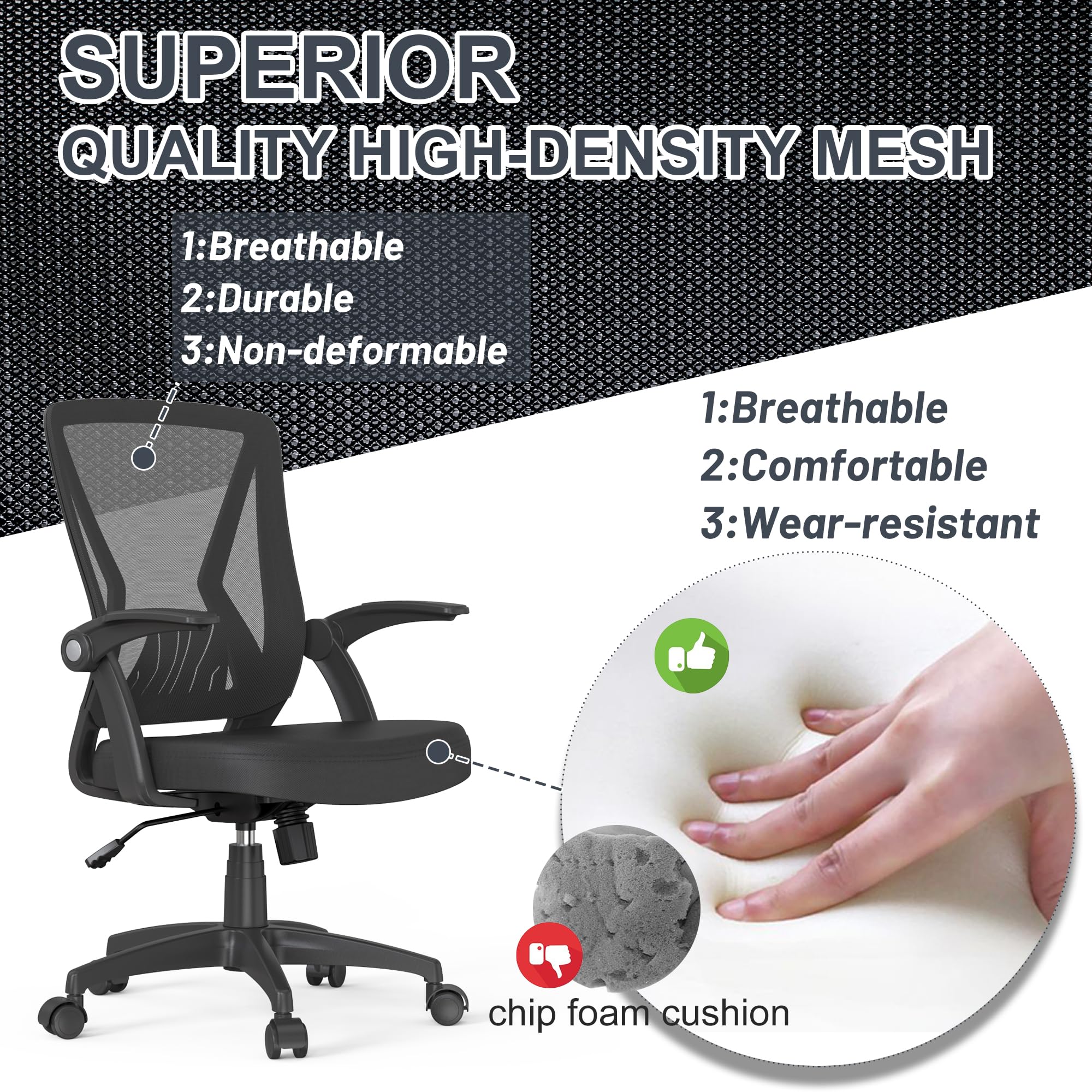 Swivel Ergonomic Mesh Home Office Computer Desk Chair Height Adjustable with Flip Up Arms and Lumbar Support